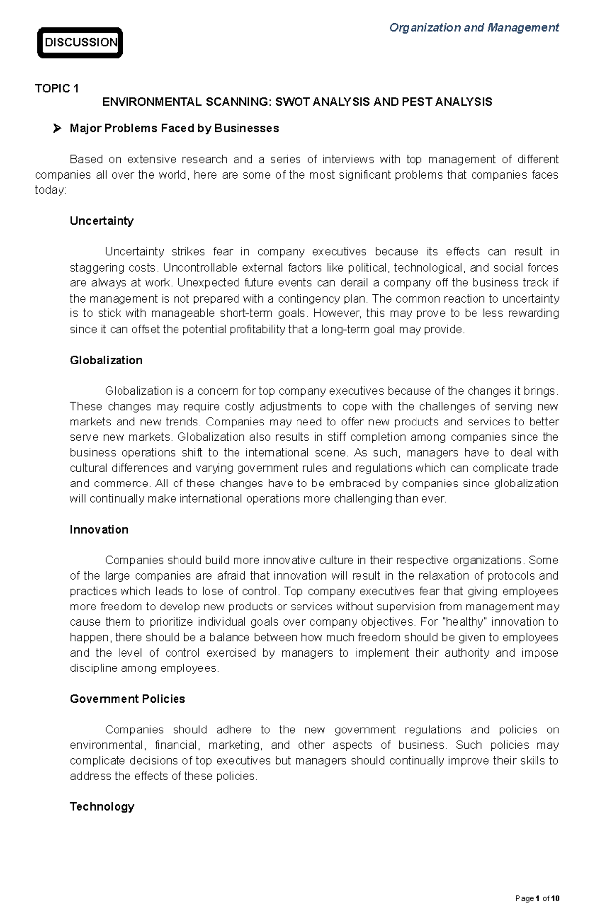 Org and Man month 2 students 1 - DISCUSSION TOPIC 1 ENVIRONMENTAL ...