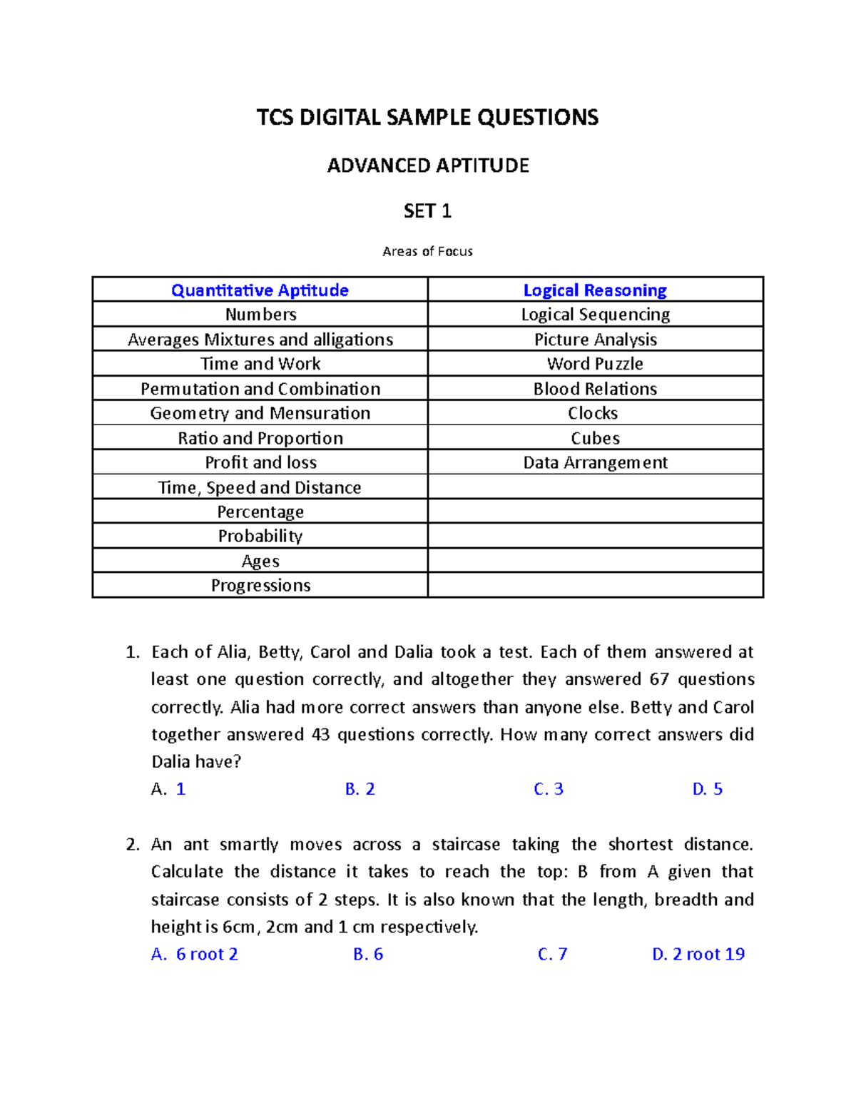 Tcs Digital Set 1 Tcs 1 Tcs Digital Sample Questions Advanced Aptitude Set 1 Areas Of