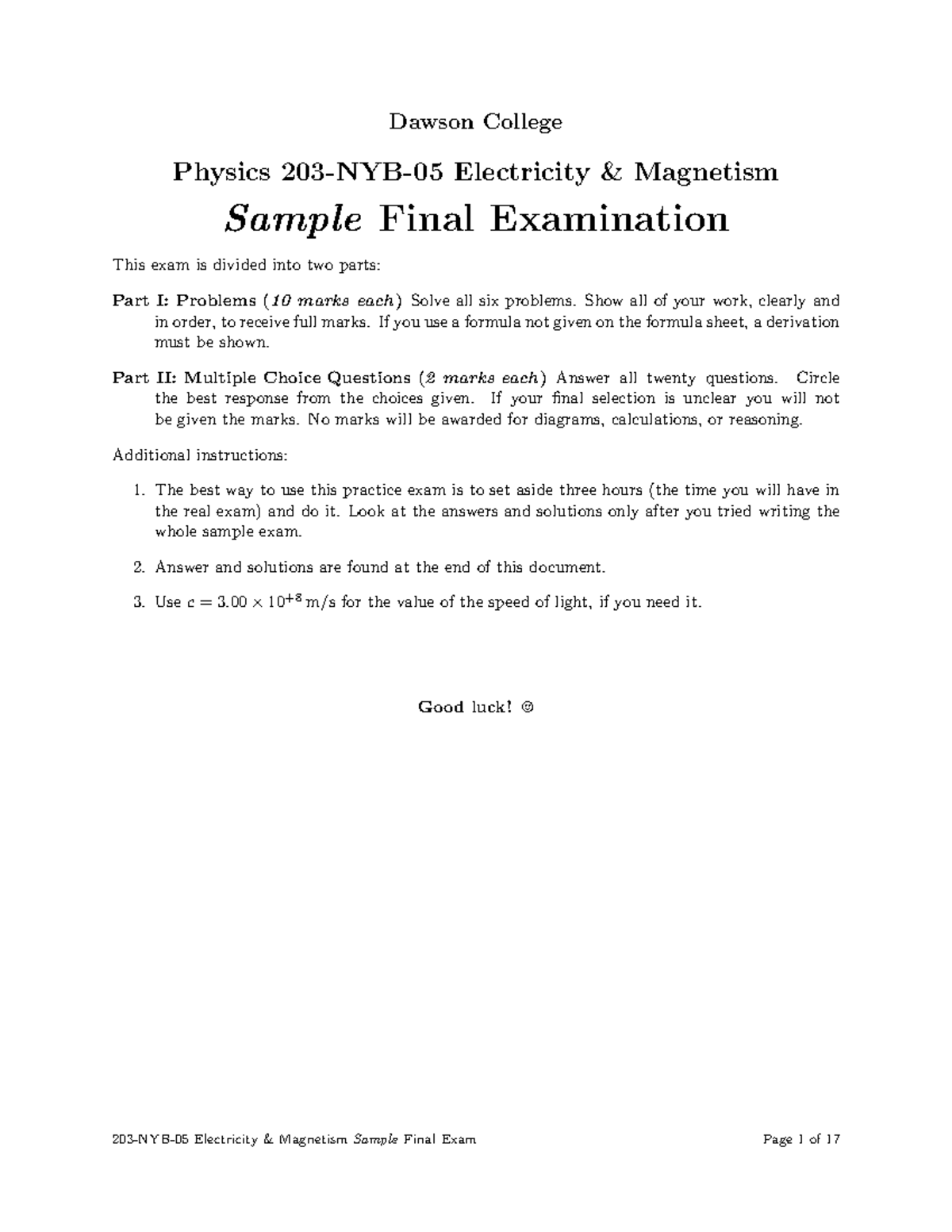 NYB Sample Final Exam - Dawson College Physics 203-NYB-05 Electricity & Magnetism Sample Final ...