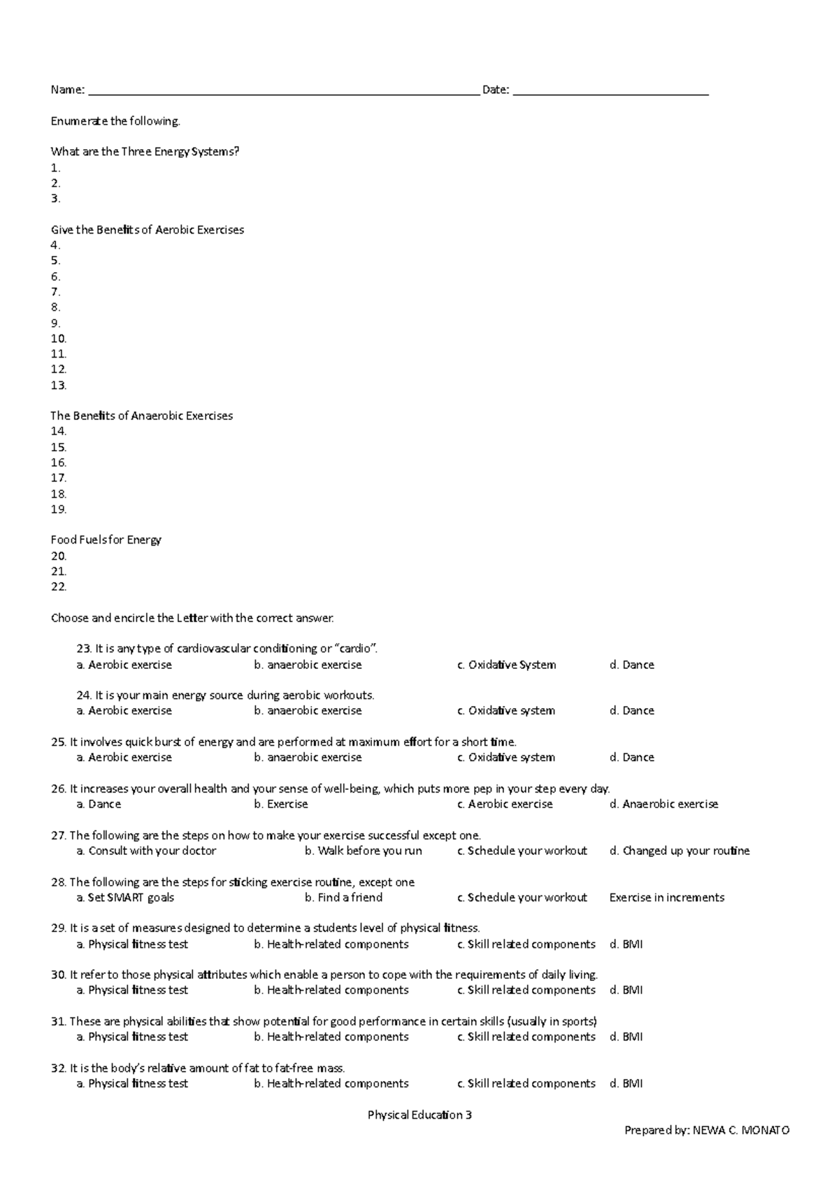 First Quiz in P.E. 3 - Name