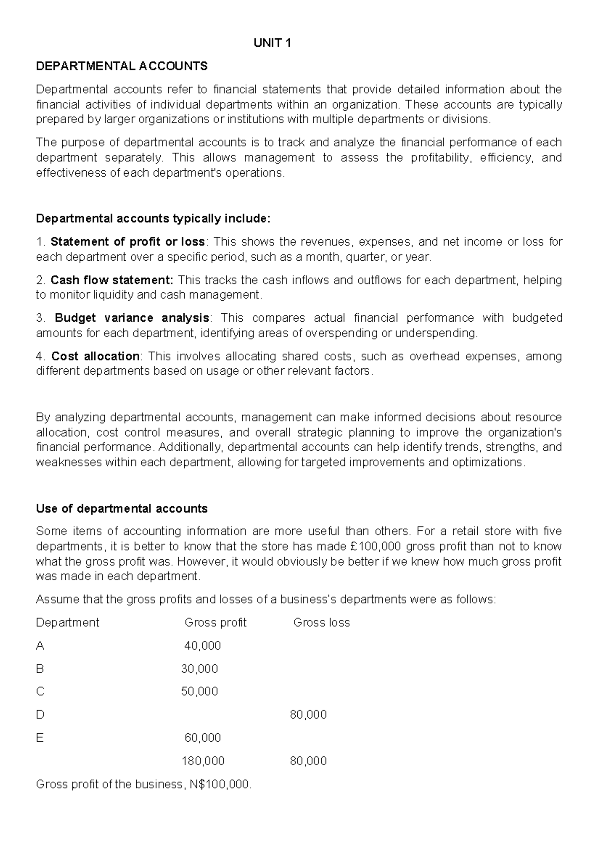UNIT 1 - NOTES - UNIT 1 DEPARTMENTAL ACCOUNTS Departmental accounts ...