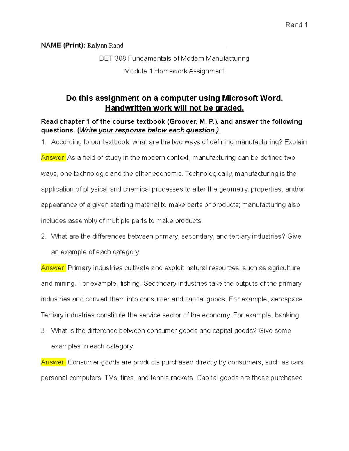 Module 1 Homework Assignment Name Print Ralynn Rand Det 308