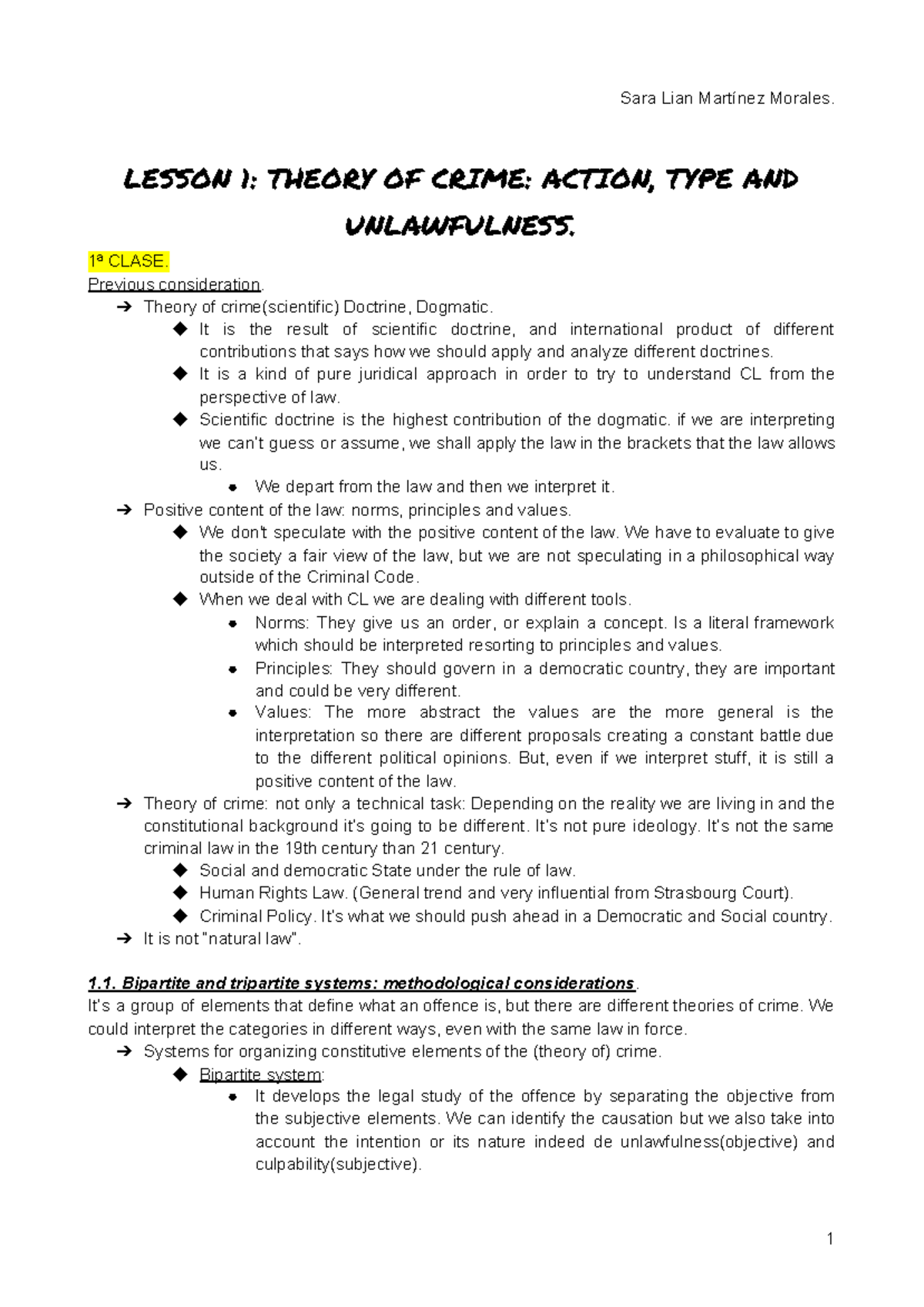 Lesson 1 Theory of crime action, type and unlawfulness - Sara Lian ...