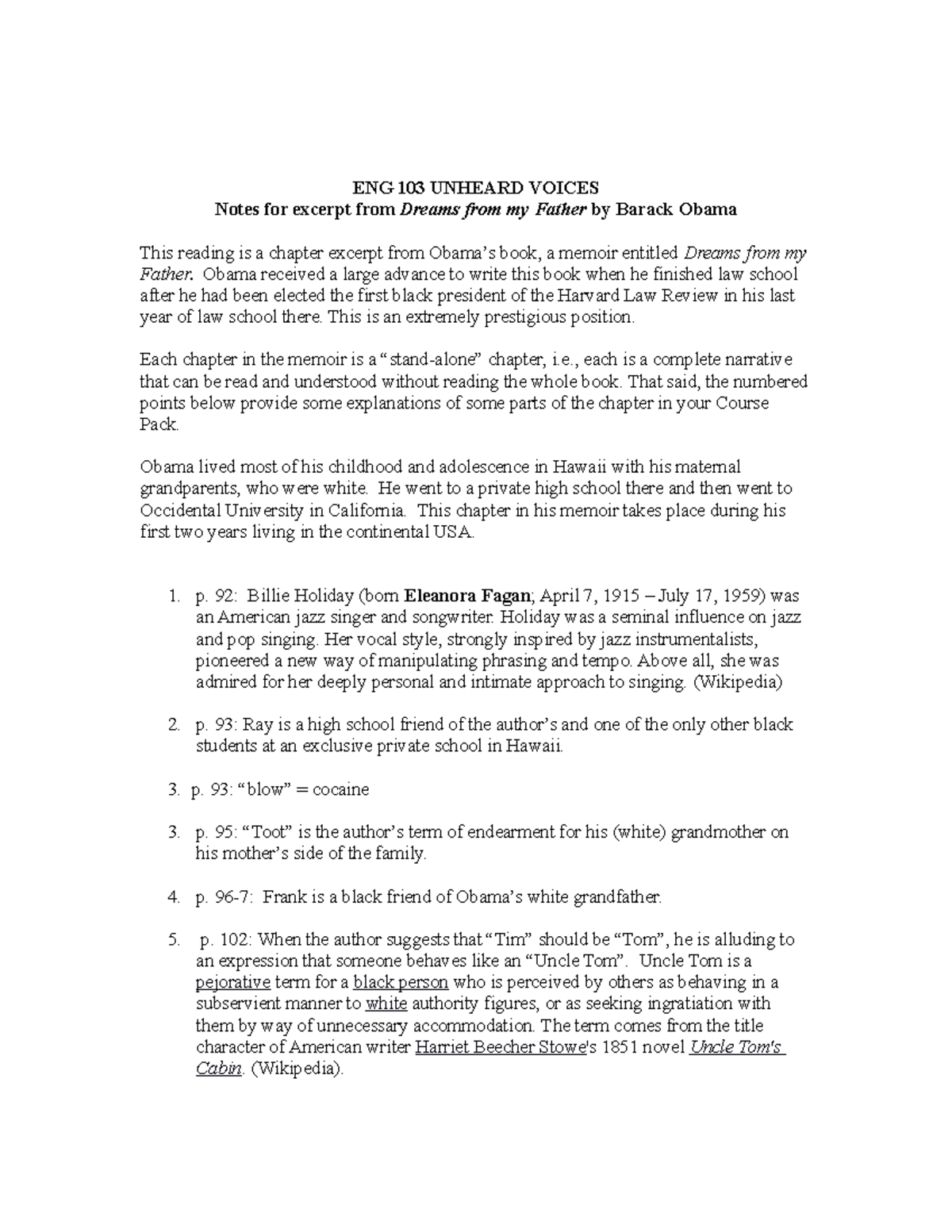 ENG 103 Obama Reading Explanations - ENG 103 UNHEARD VOICES Notes for ...