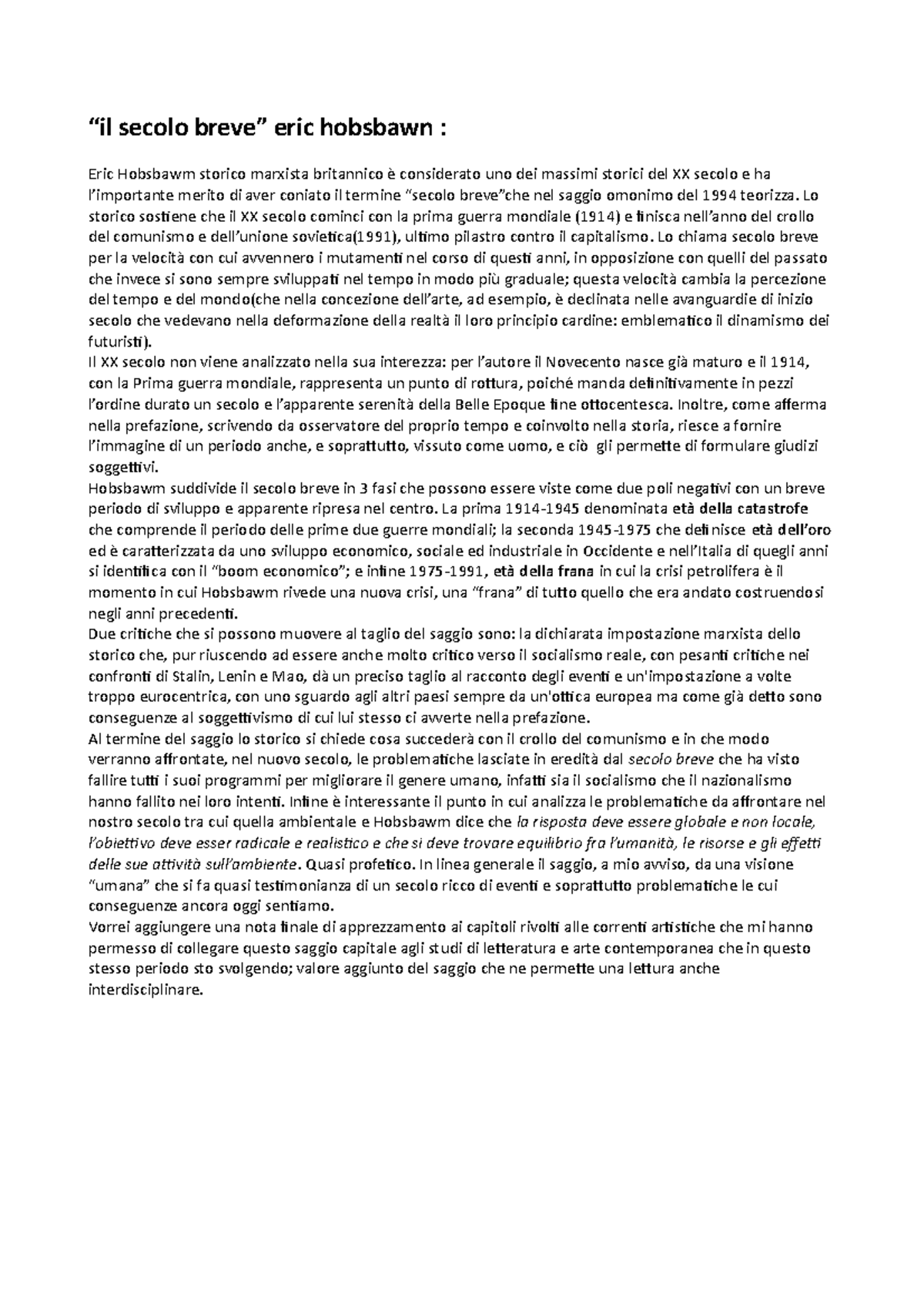 Saggio secolo breve - “il secolo breve” eric hobsbawn : Eric Hobsbawm ...