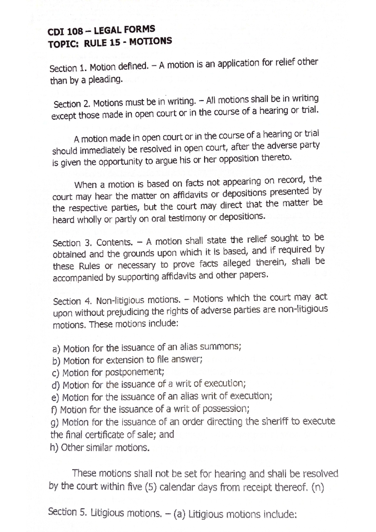 RULE-15- Motions - A RULE OF MOTION - CDI 108 LEGAL FORMS TOPIC: RULE ...