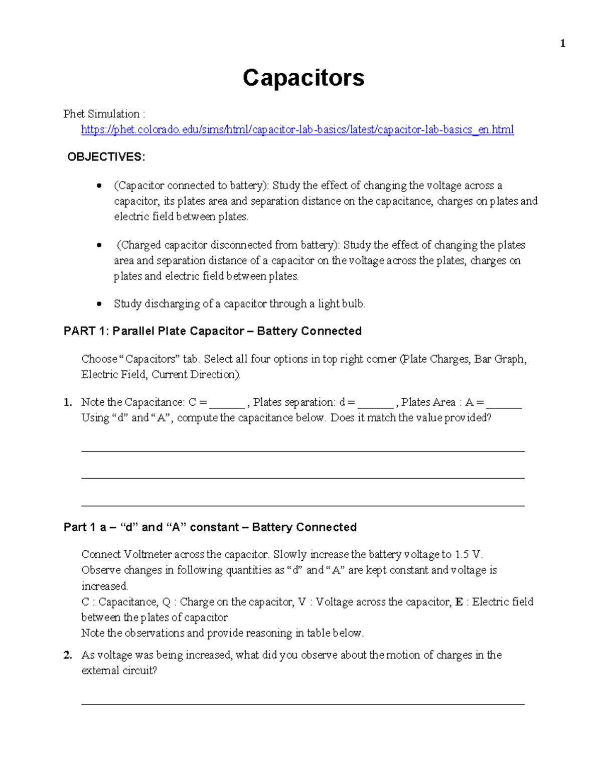 Lab 2 - Capacitors - lab 2 on capacitators - Teacher: Arooj Mukarram ...