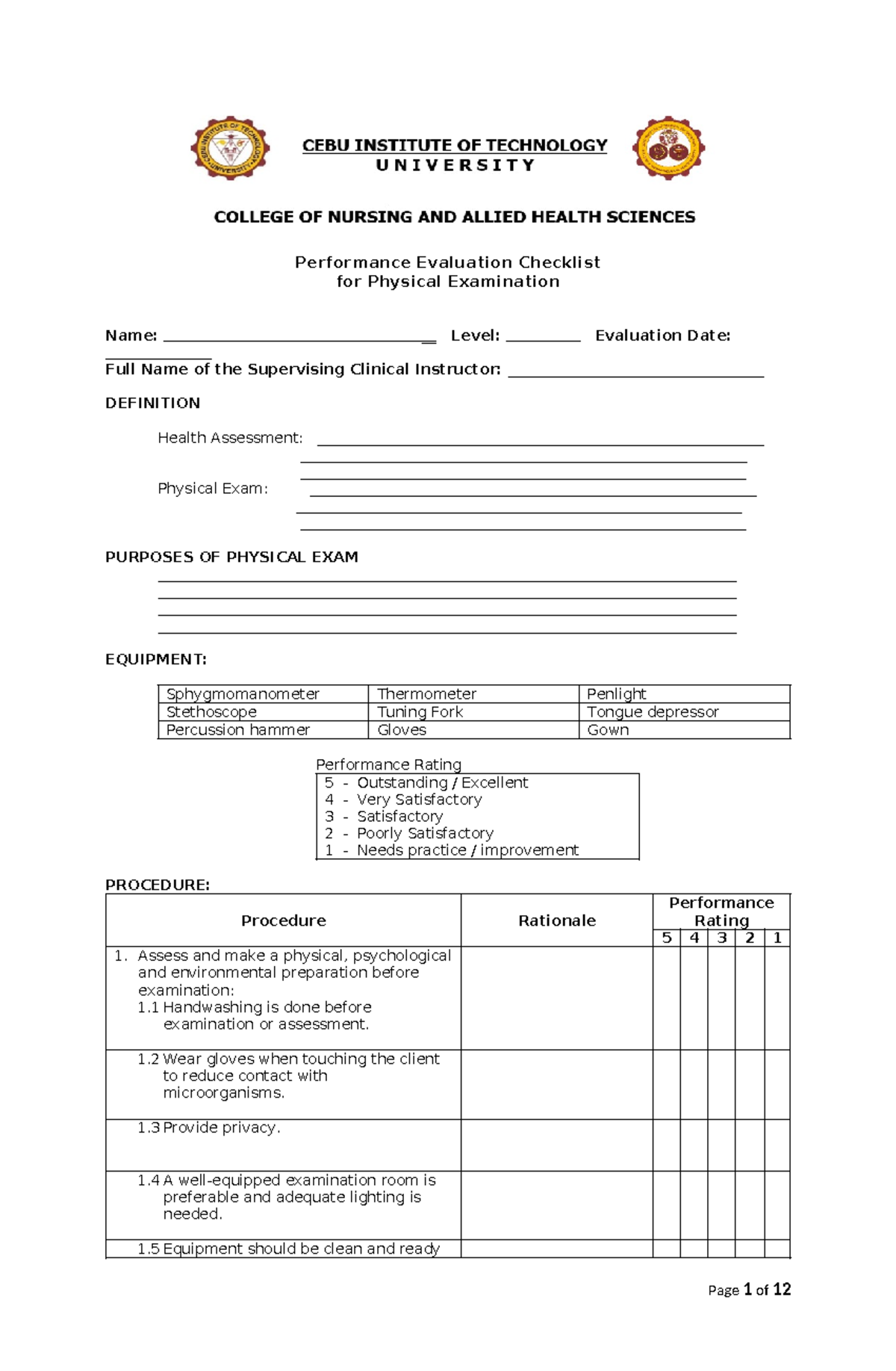 F2F Physical Exam Performance Checklist - Performance Evaluation ...