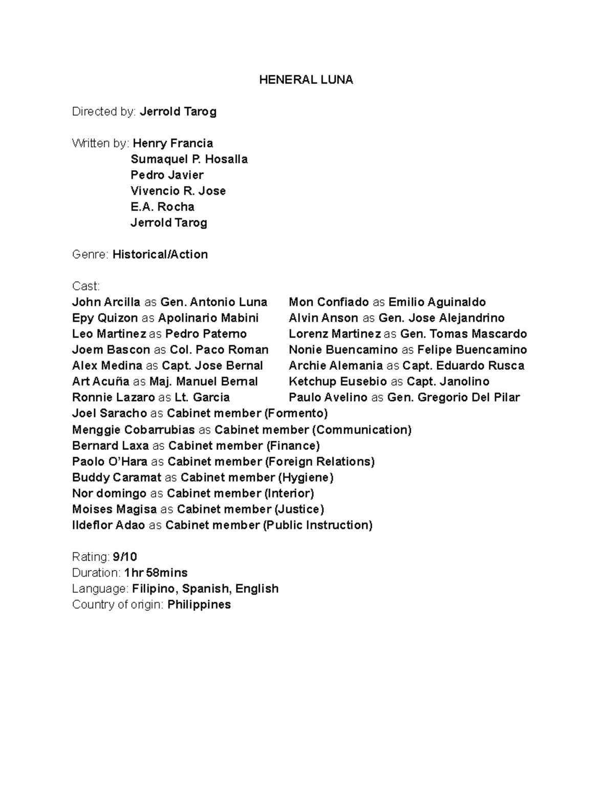 Heneral LUNA Film Review - HENERAL LUNA Directed by: Jerrold Tarog ...