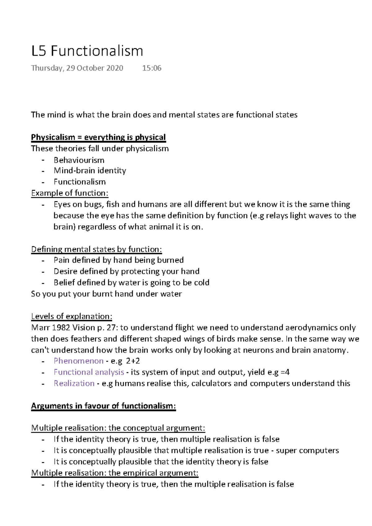L5 Functionalism (Neuro & the mind) - The mind is what the brain does ...