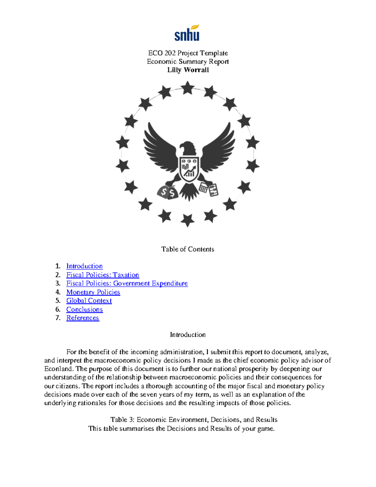ECO 202 Project Template - ECO 202 Project Template Economic Summary ...