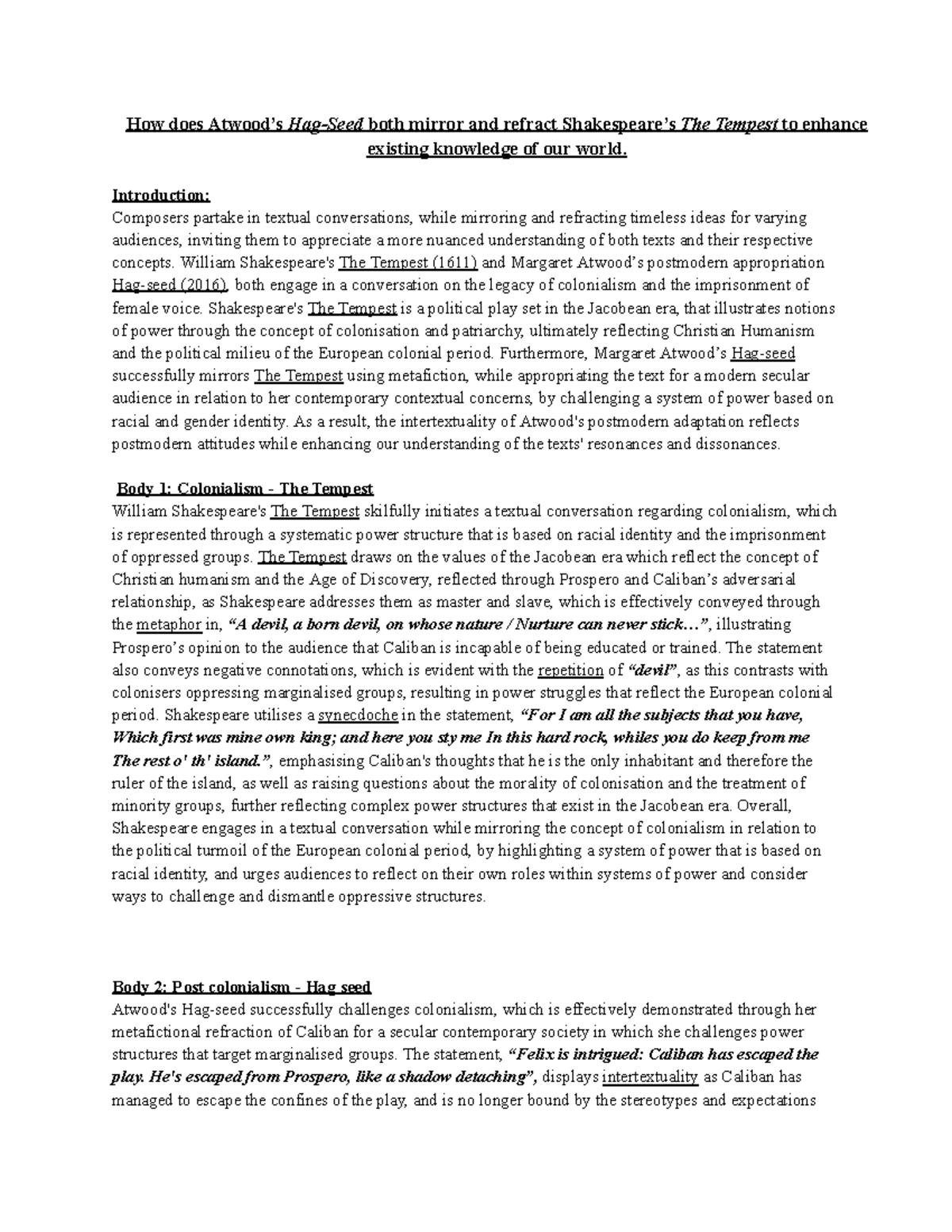 Mod A - Essay - How does Atwood’s Hag-Seed both mirror and refract ...