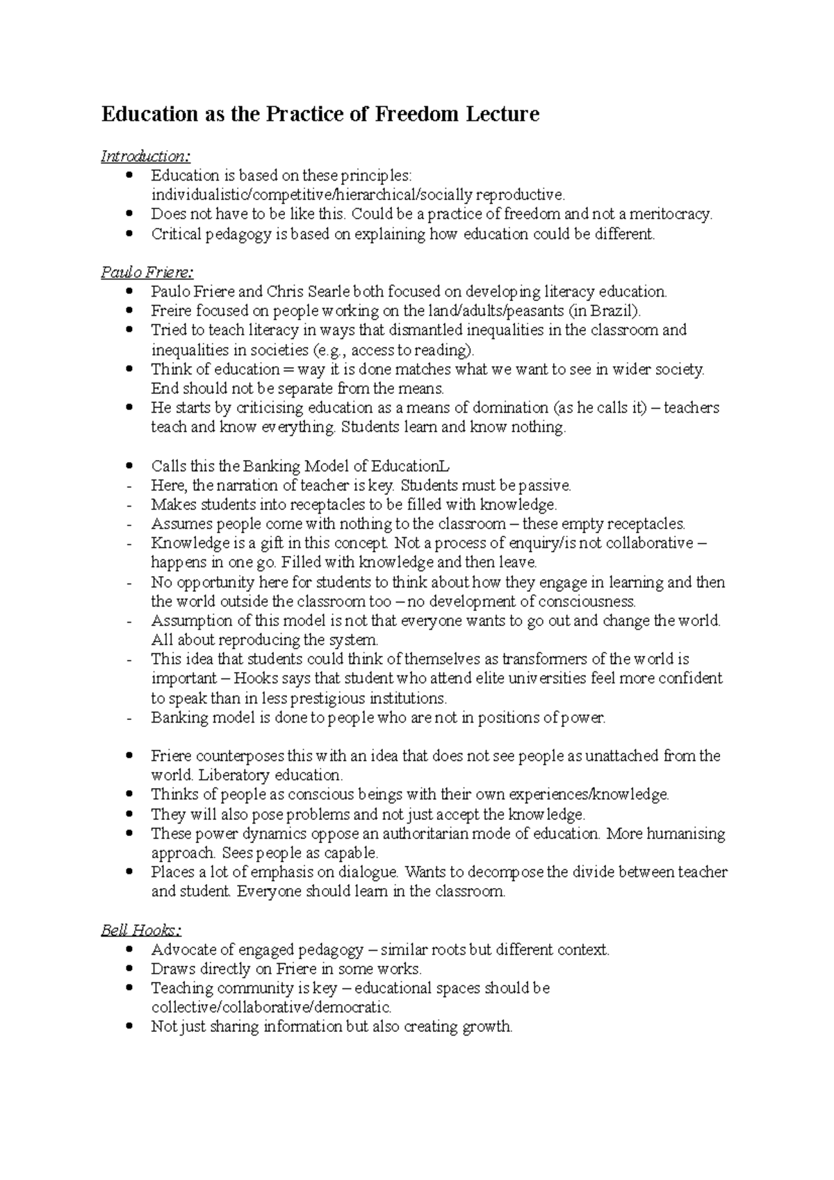 Education as the Practice of Freedom Lecture - Education as the ...