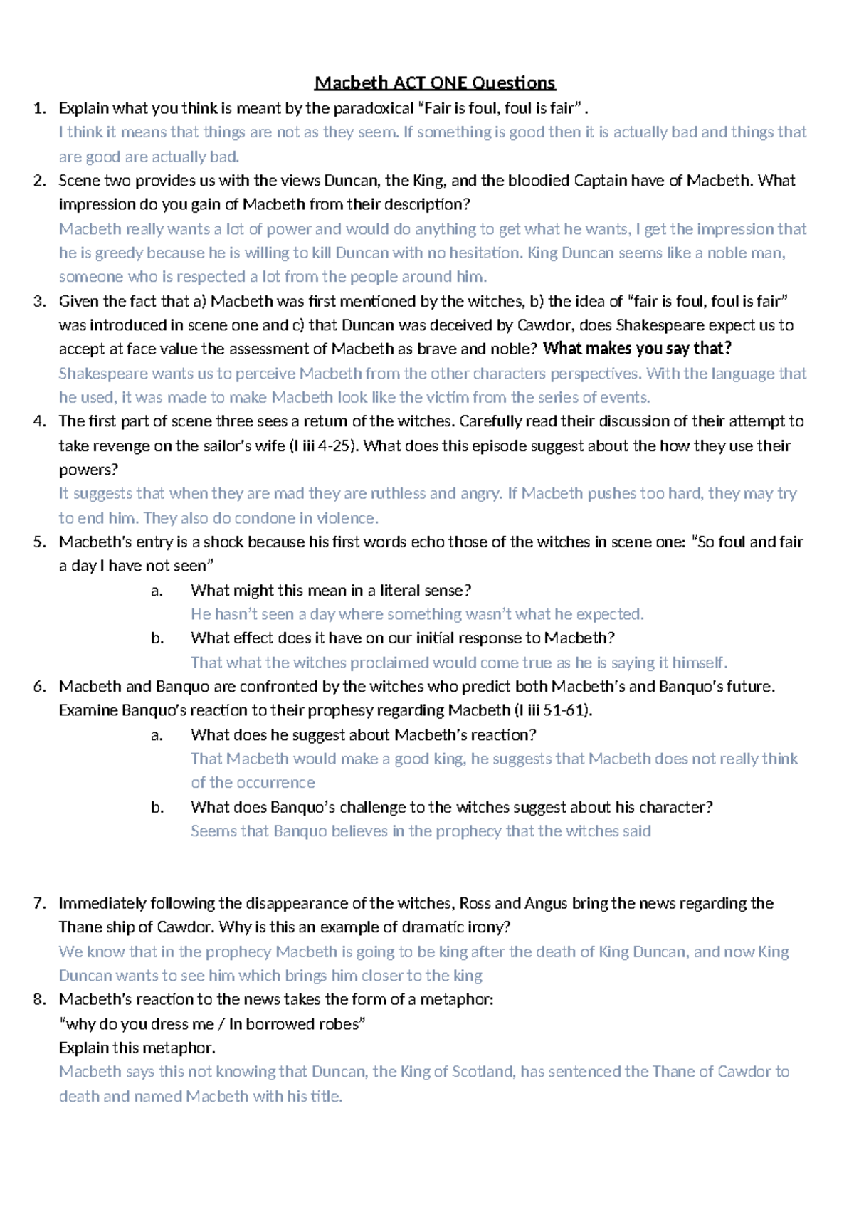 Macbeth ACT 1 and 2 questions - Macbeth ACT ONE Questions Explain what ...