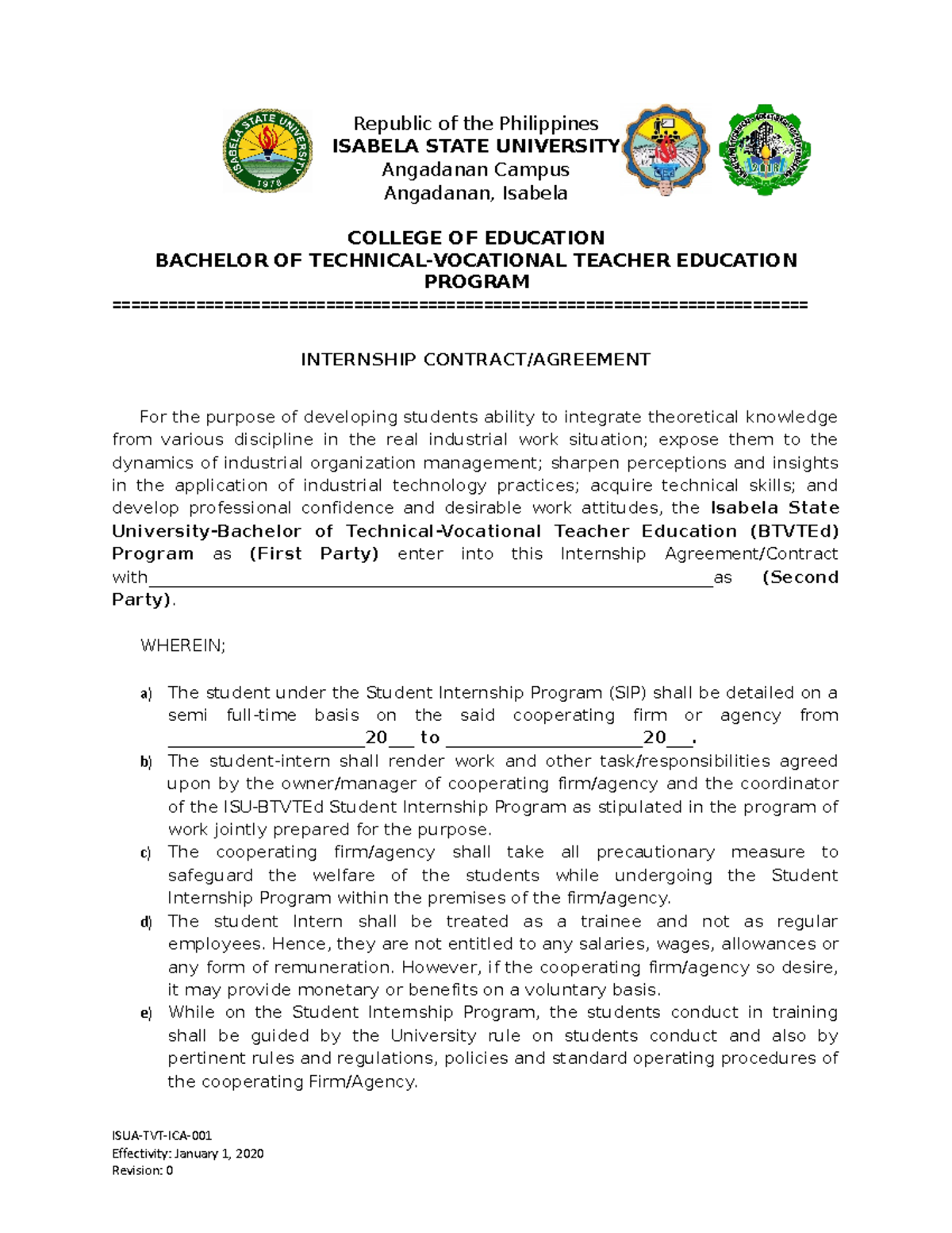 2023 Btvted Internship Contract or Agreement New - Republic of the ...