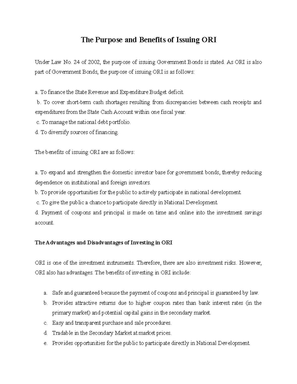 The Purpose and Benefits of Issuing ORI - 24 of 2002, the purpose of ...