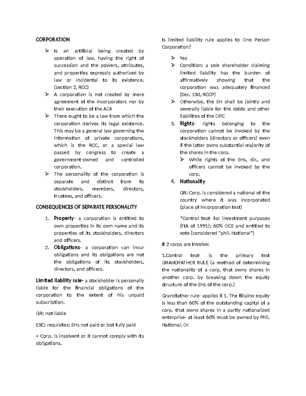 Corporation (handout for midterm) - CORPORATION Is an artificial being ...