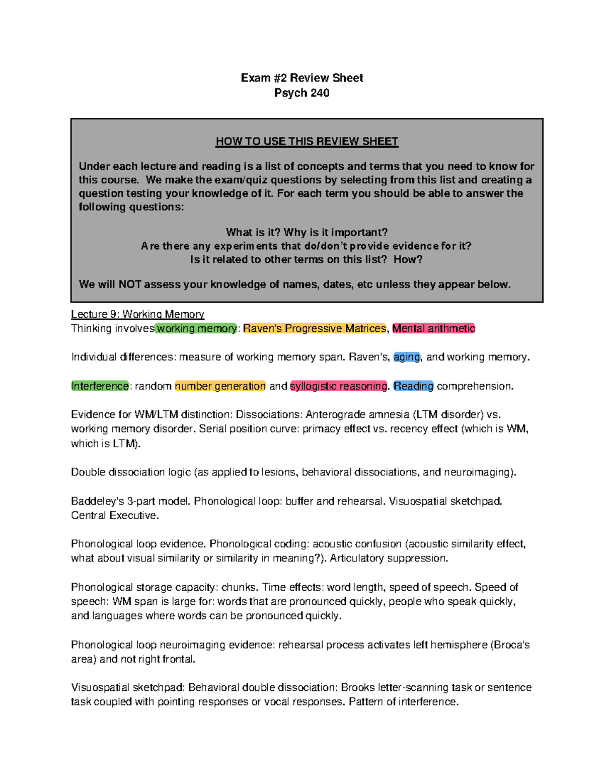 Exam2 Review W24 updated - Exam #2 Review Sheet Psych 240 Lecture 9 ...
