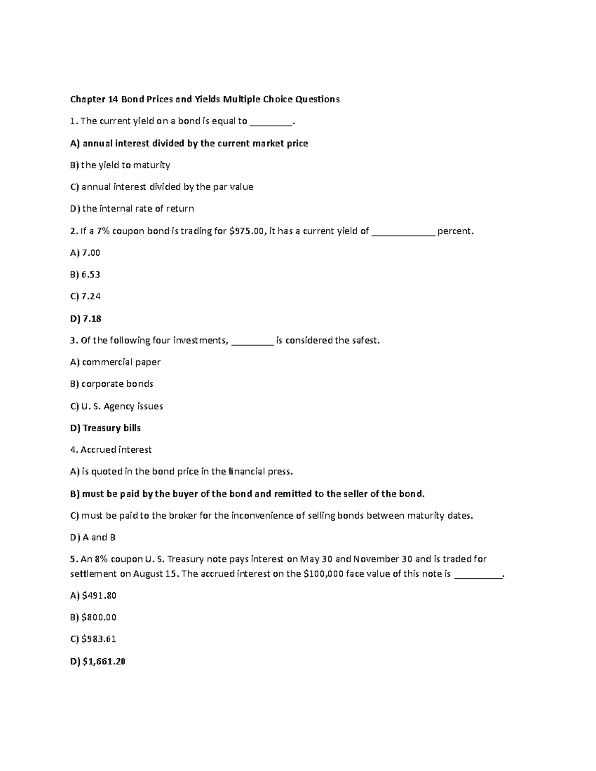 Chapter 14 Bond Prices And Yields Multiple Choice Questions A Annual chapter-14-bond-prices-and-yields-multiple-choice-questions-a-annual
