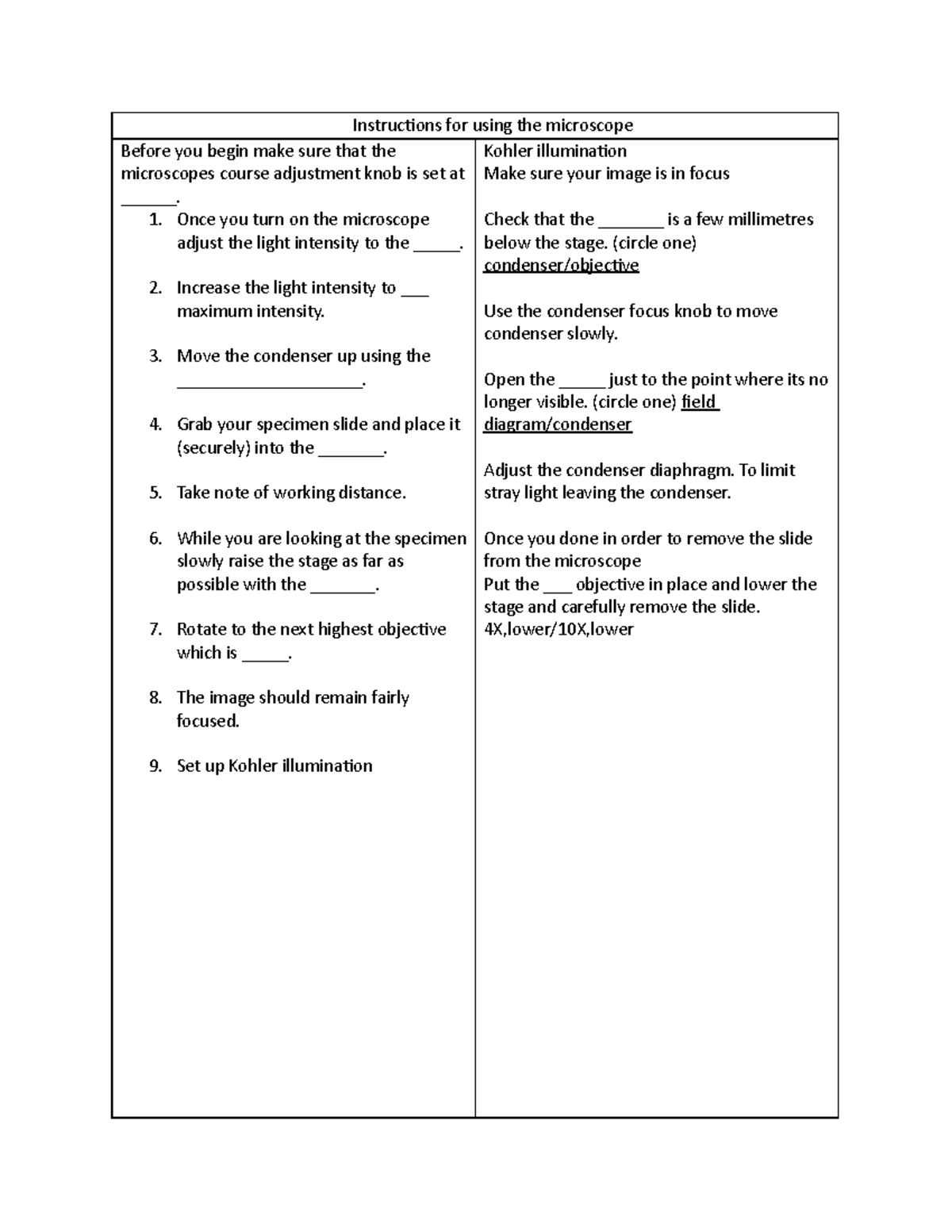 Instructions for using the microscope - 1. Once you turn on the ...