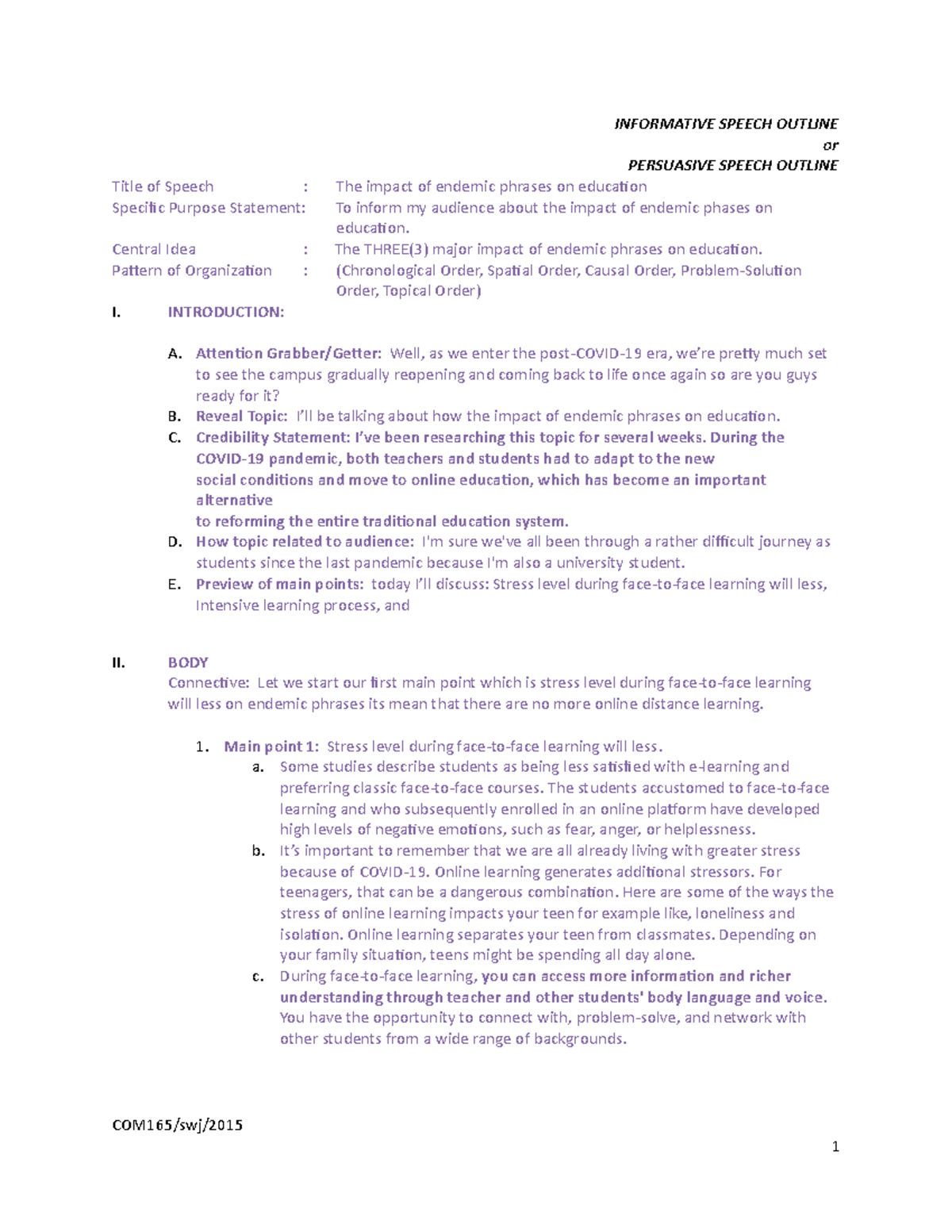 Template Preparation Outline Figo - INFORMATIVE SPEECH OUTLINE or ...