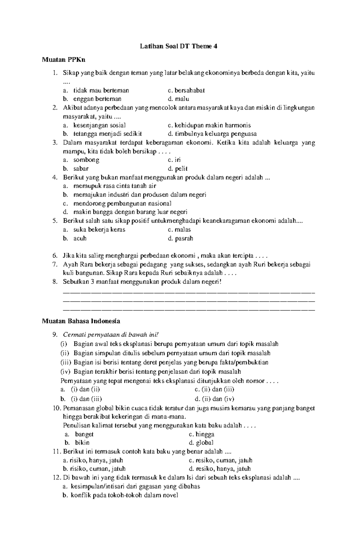 Latihan Soal DT T4 Grade 6 - Latihan Soal DT Theme 4 Muatan PPKn Sikap ...