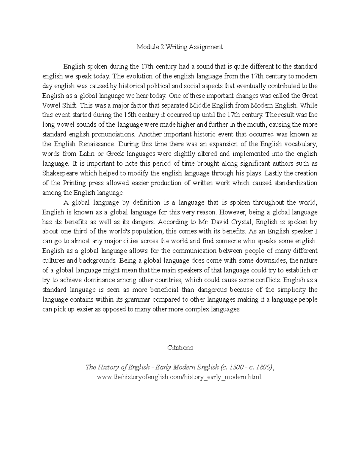 Module 2 Writing Assignment - Module 2 Writing Assignment English spoken during the 17th century ...
