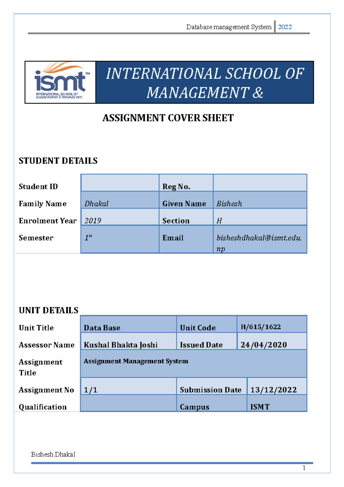Database Mangement System - ASSIGNMENT COVER SHEET STUDENT DETAILS ...