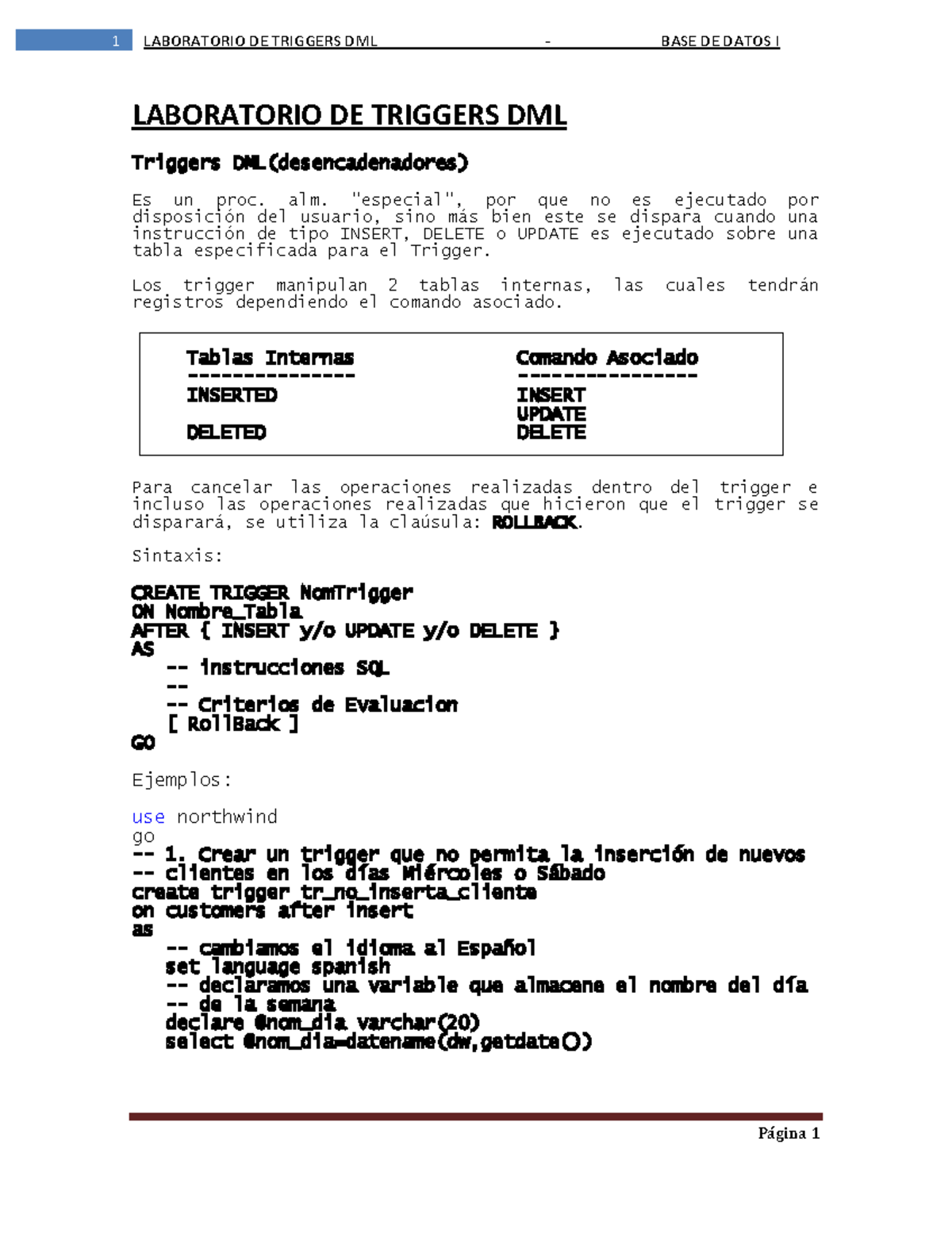 Laboratorio DE Triggers DML - LABORATORIO DE TRIGGERS DML Triggers DML(desencadenadores) Es un ...