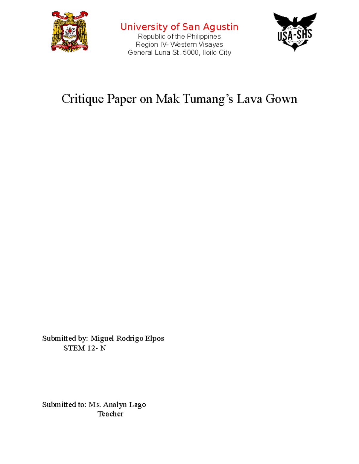Critique Paper - University of San Agustin Republic of the Philippines ...