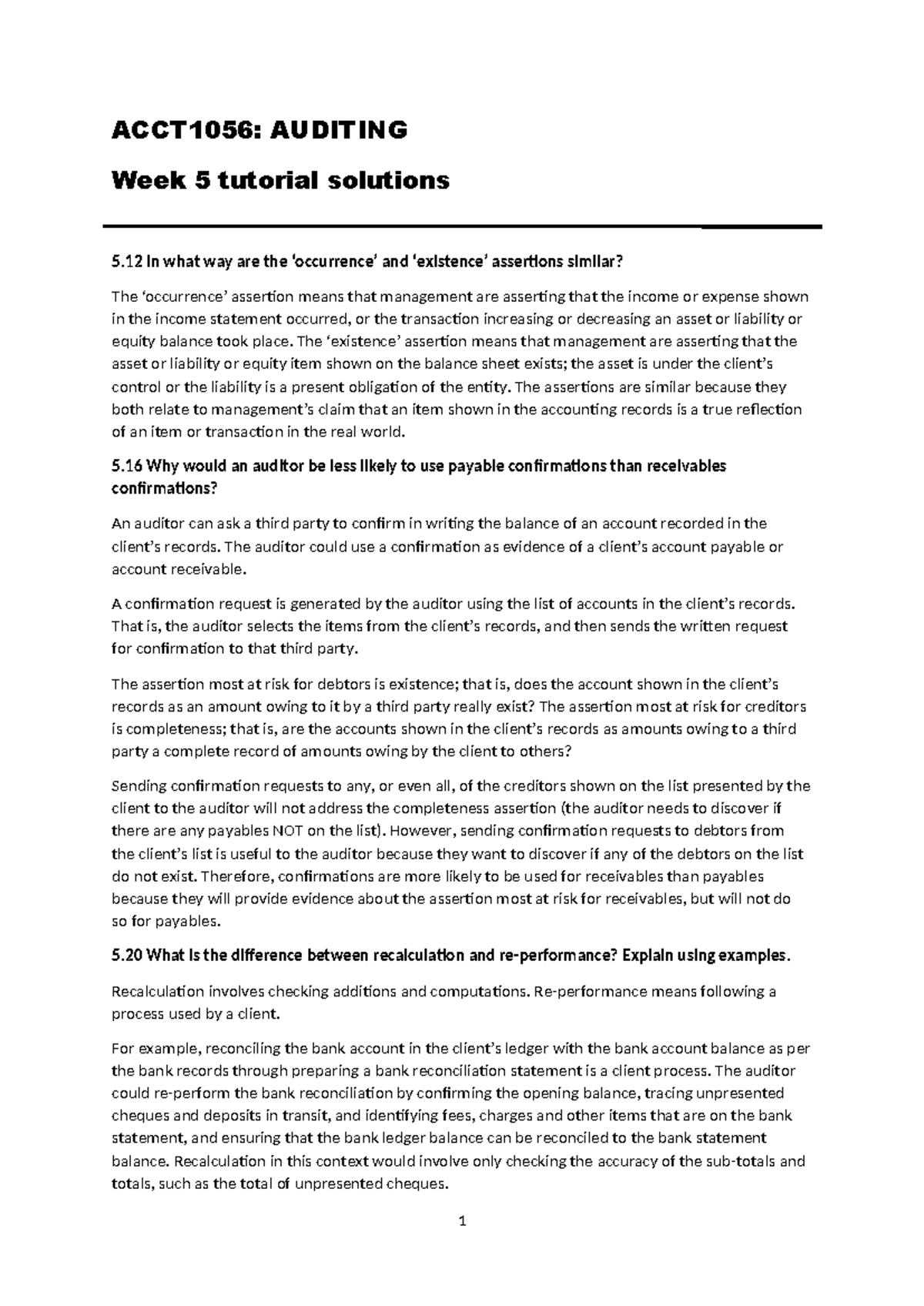 Week 5 solutions - ACCT1056: AUDITING Week 5 tutorial solutions 5 In ...