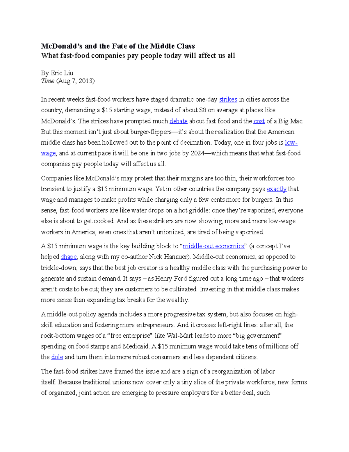 Liu, Mc Donalds and the Fate of the Middle Class - McDonald’s and the ...