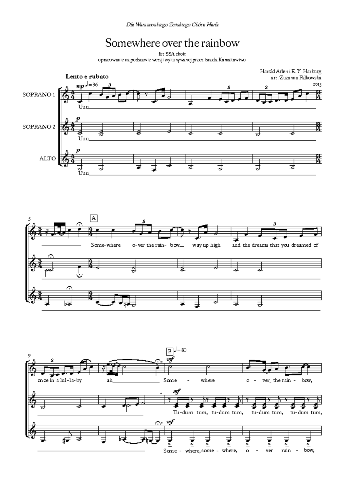 Somewhere over the rainbow SSA - Full Score - ° ¢ ° ¢ ° ¢ SOPRANO 1 SOPRANO 2 ALTO Uuu mp Lento ...