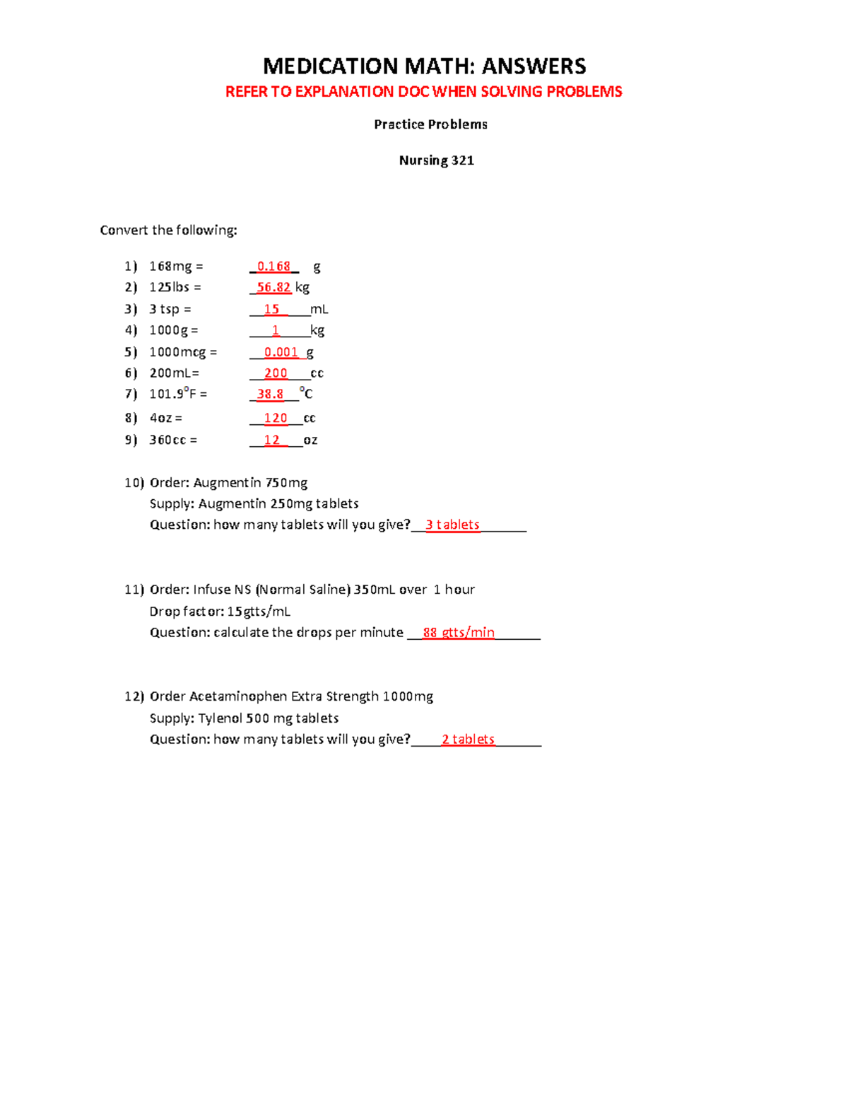 Medication Math Answers - REFER TO EXPLANATION DOC WHEN SOLVING ...