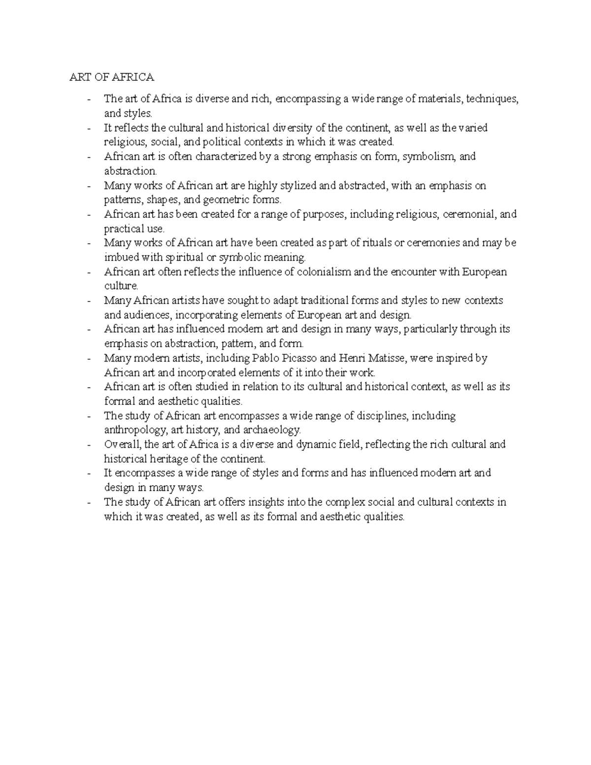 ART OF Africa Notes 1 - ART OF AFRICA The art of Africa is diverse and ...