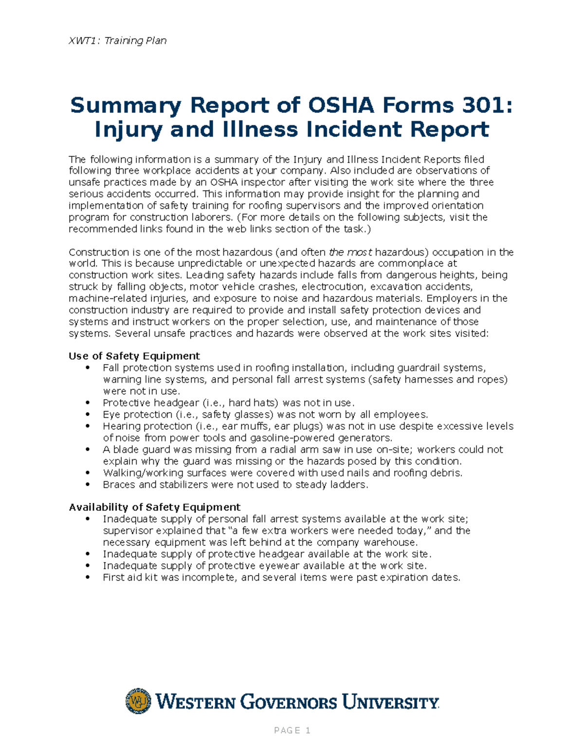 OSHA Incident Report SV4 - XWT1: Training Plan Summary Report of OSHA ...