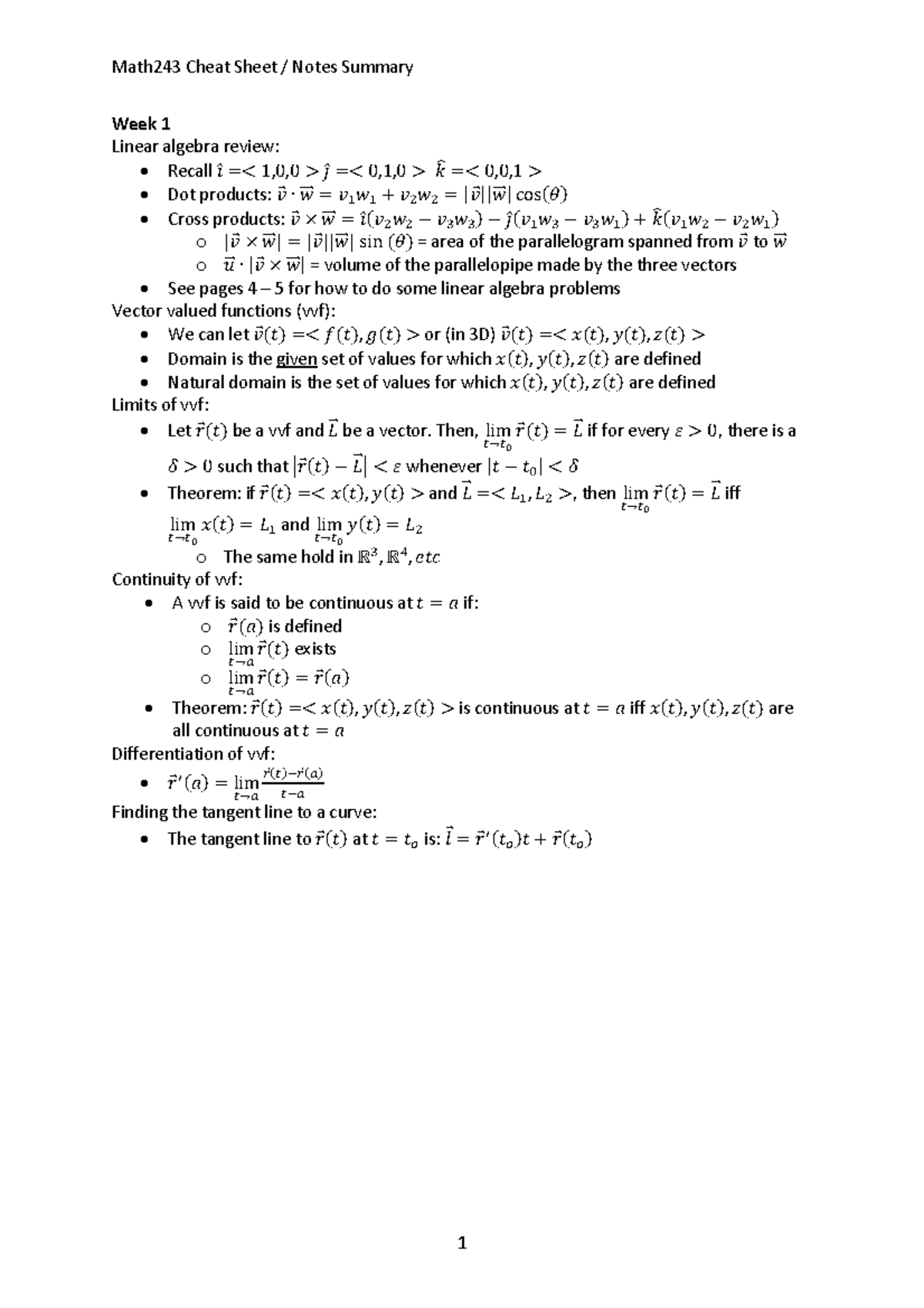 Math243 Cs Summary Multivariable Calculus Warning Tt Undefined Function 32 Week 1 Linear