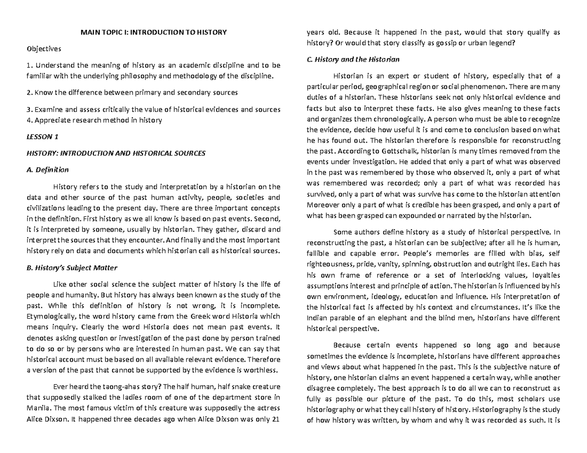 RPH Reviewer - MAIN TOPIC I: INTRODUCTION TO HISTORY Objectives ...