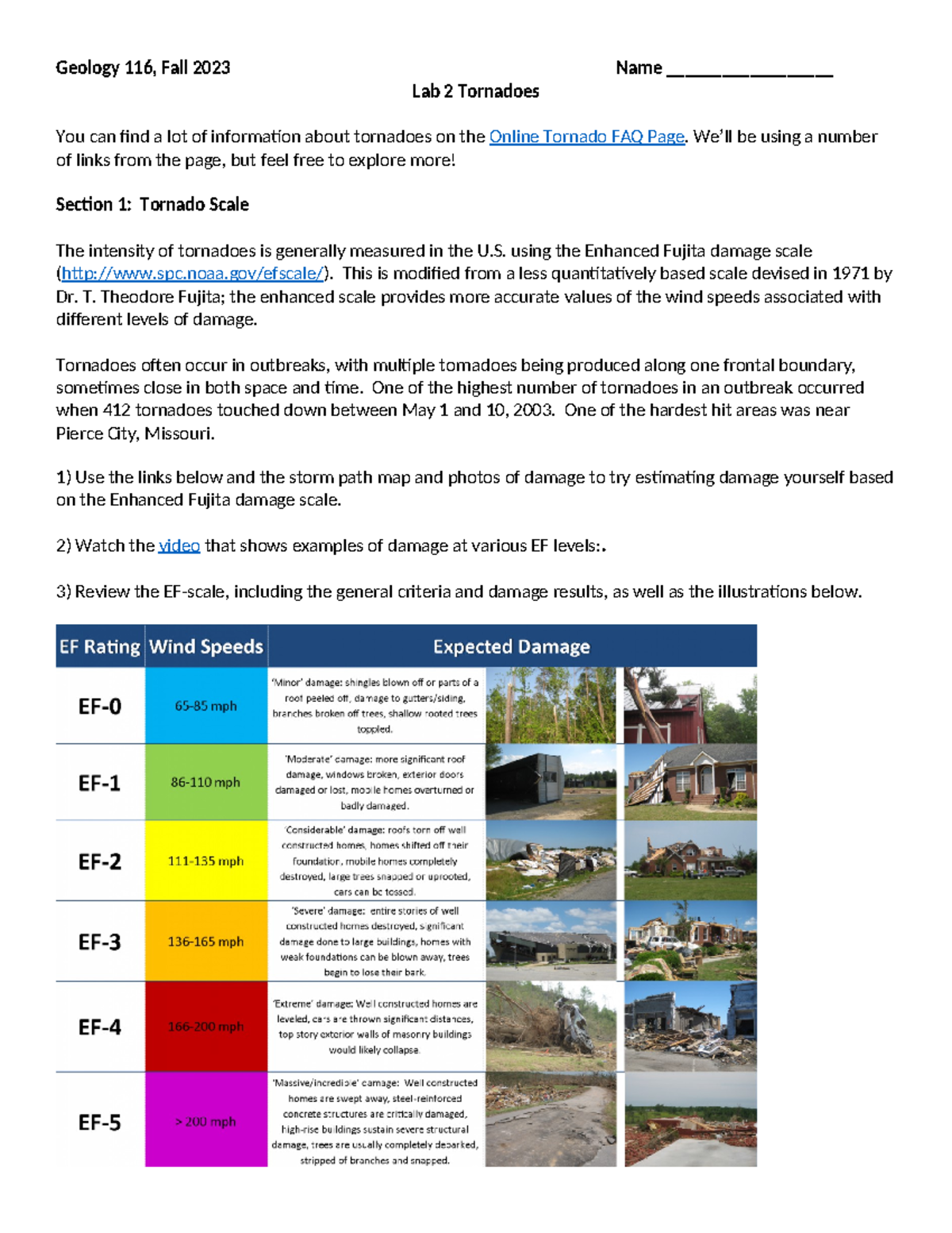 Lab 2 Tornadoes 2023 - GEO hazards lab - Geology 116, Fall 2023 Name ...