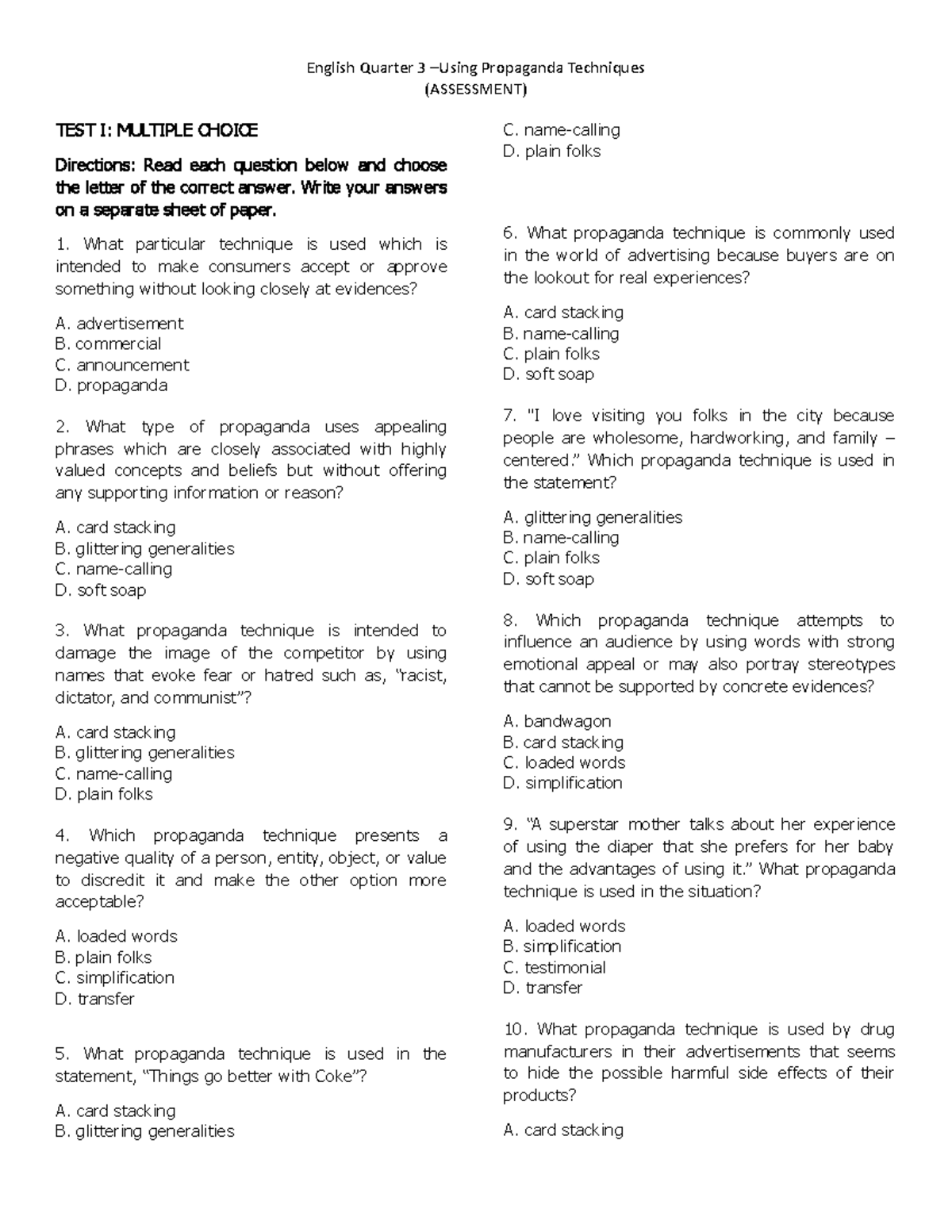 ( Assessment)Using Propaganda Techniques - English Quarter 3 –Using ...