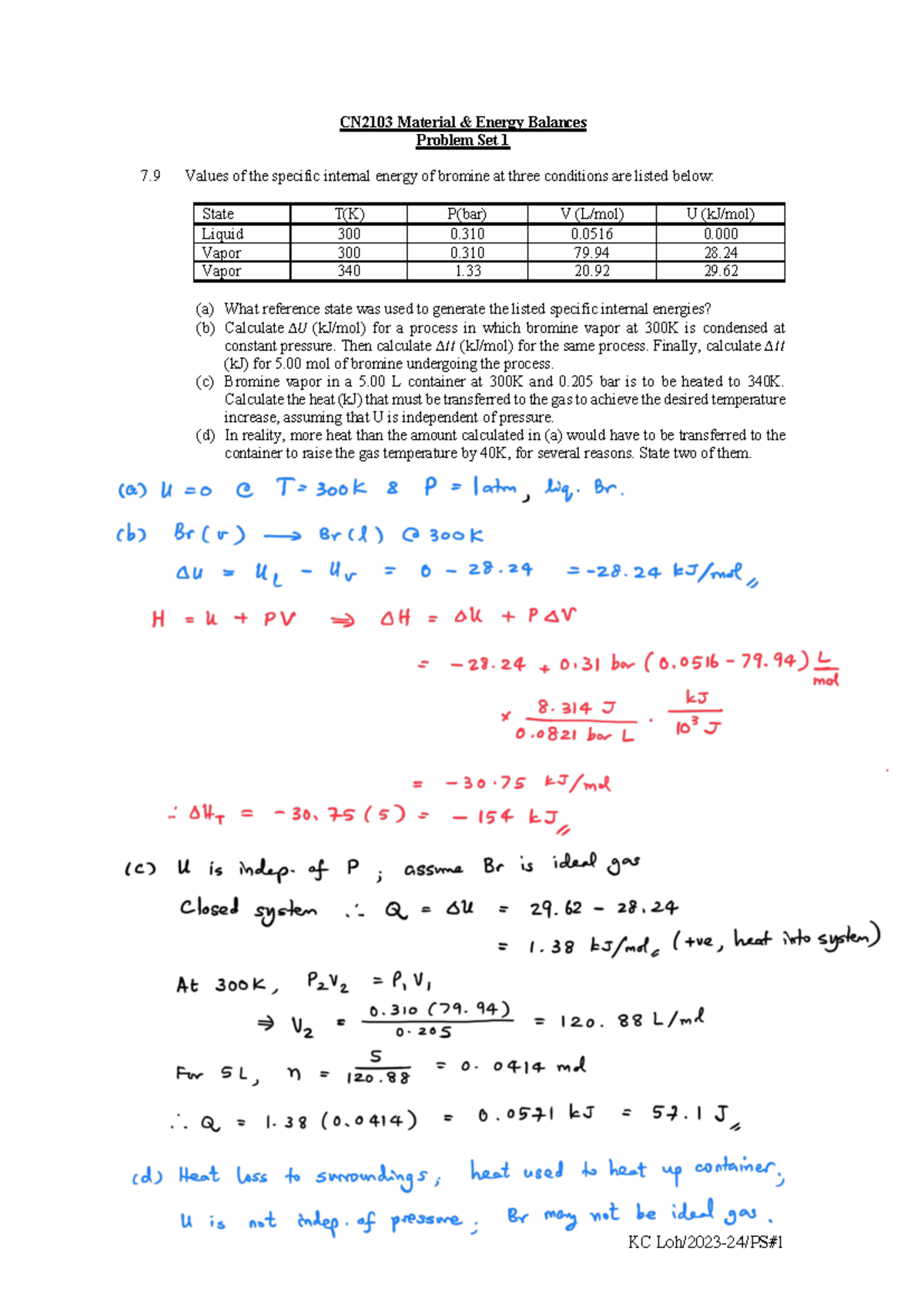 Problem Set 1 Solutions - CN2103 Material & Energy Balances Problem Set 1 7 Values of the - Studocu