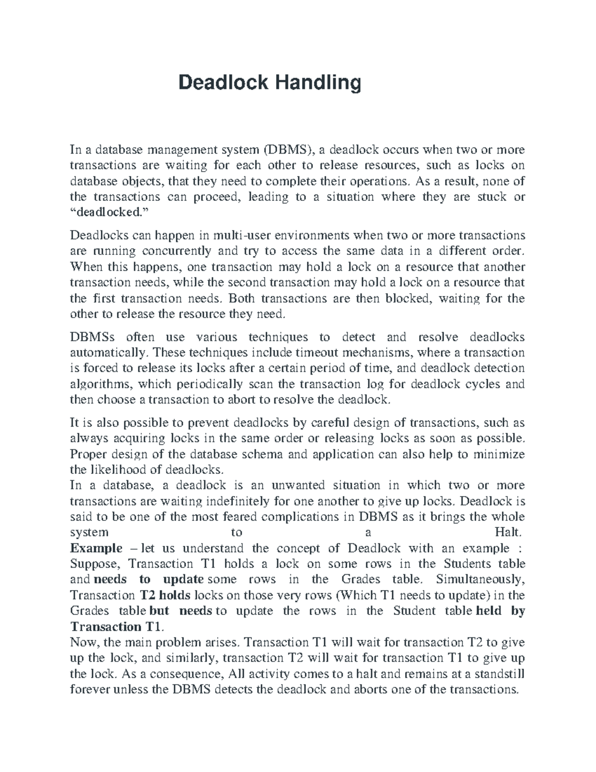 5th Unit DBMS Part-B - Nohhjii - Deadlock Handling In a database ...