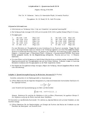Blatt 01 - Theoretische Physik 4: Quantenmechanik - Uni Frankfurt - Studocu