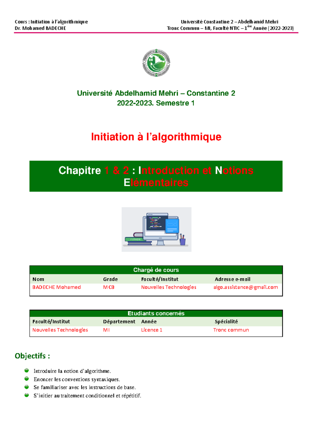 Cours Algo Ch1 Ch2 2022 Cne2 - Cours : Initiation à l’algorithmique Dr. Mohamed BADECHE ...