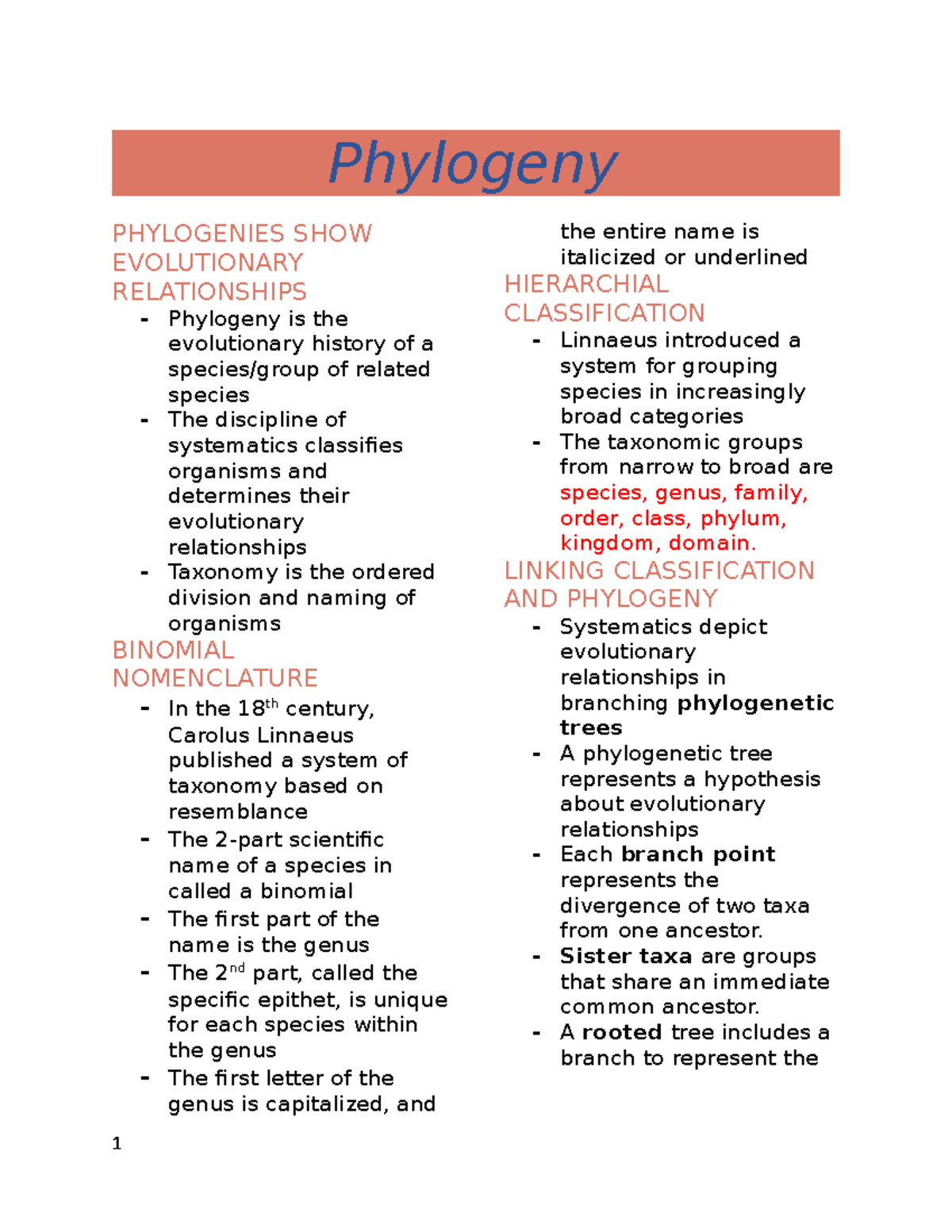 Biology 191 Ch 20 Notes - Phylogeny PHYLOGENIES SHOW EVOLUTIONARY ...