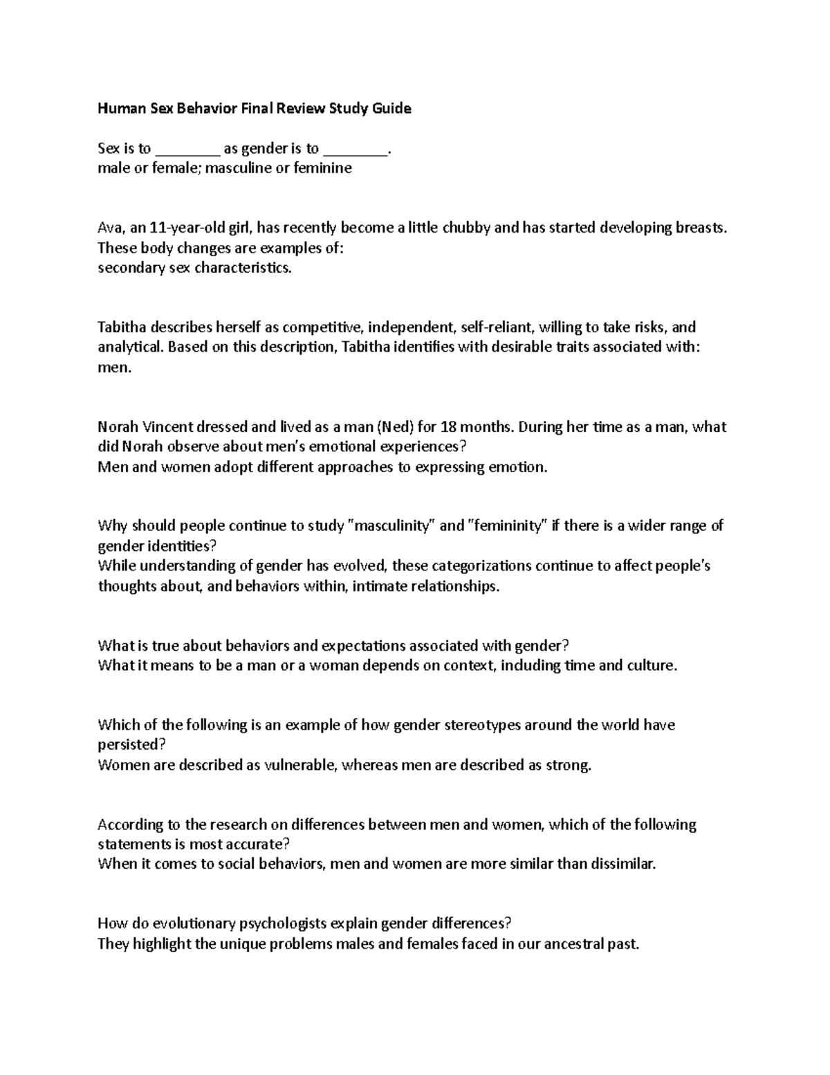Human Sex Behavior Final Review Study Guide - male or female; masculine ...