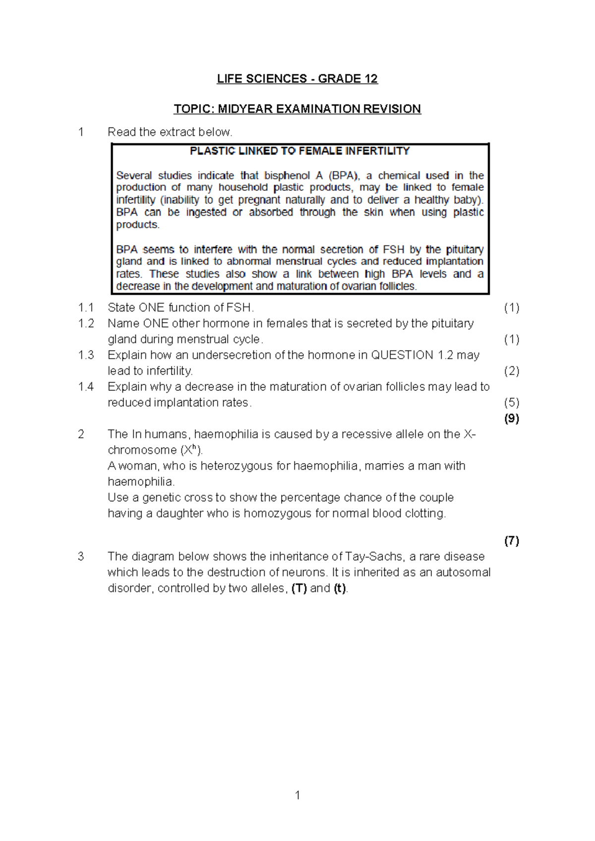 Midyear revision worksheet 16 May 2024 - LIFE SCIENCES - GRADE 12 TOPIC ...