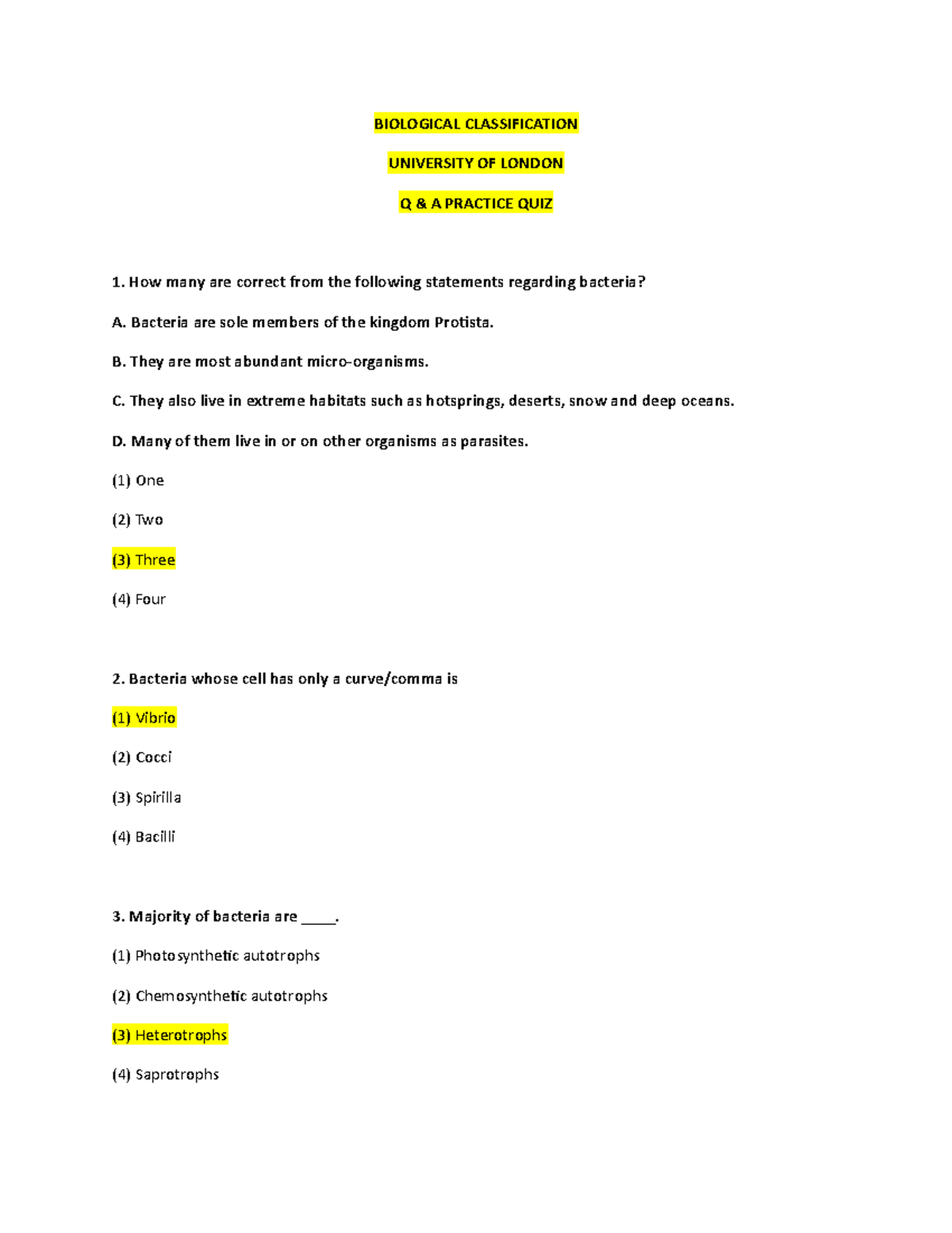 Biological Classification Practice QUIZ - BIOLOGICAL CLASSIFICATION ...