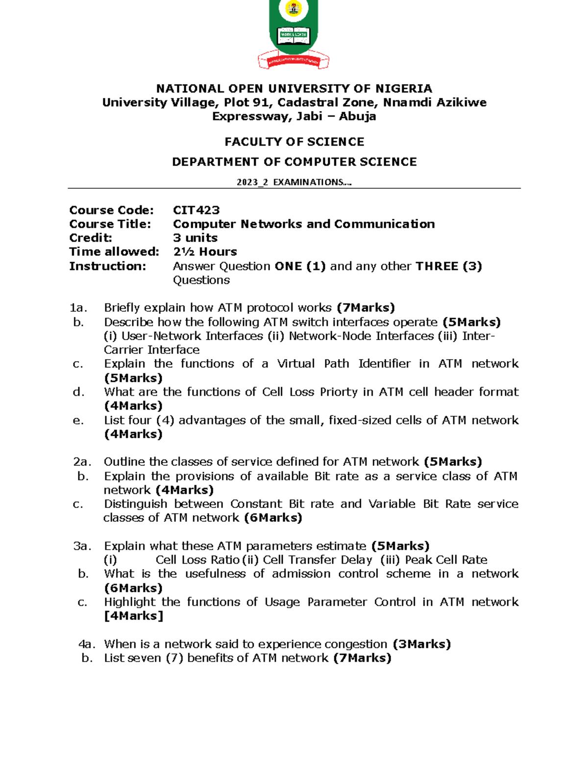 CIT423 past question 2023_2 - NATIONAL OPEN UNIVERSITY OF NIGERIA ...