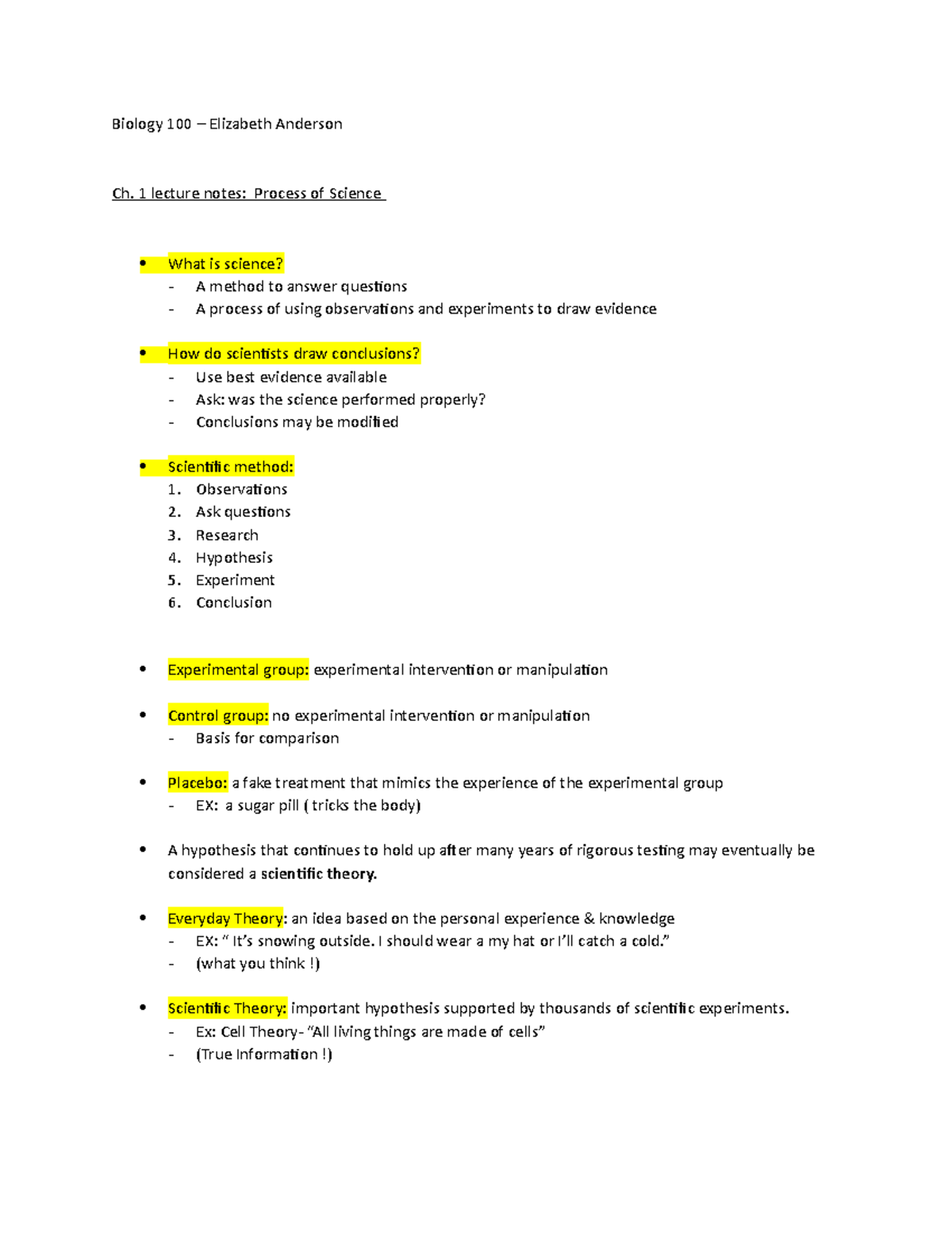 Ch. 1 lecture notes - Biology 100 Elizabeth Anderson Ch. 1 lecture ...